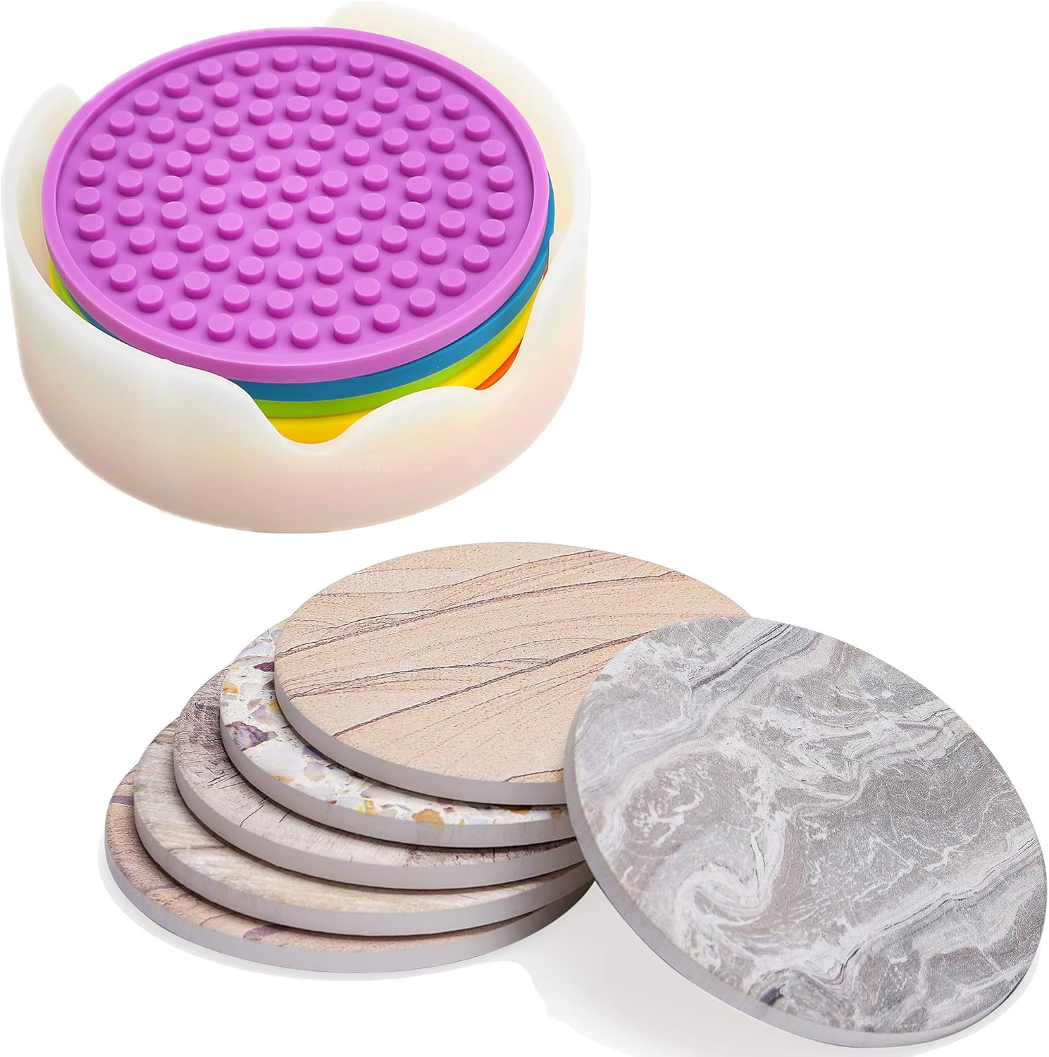 Amazon.com | Silicone Coaster Set & Ceramic Coasters Bundle - 6 Pack ...