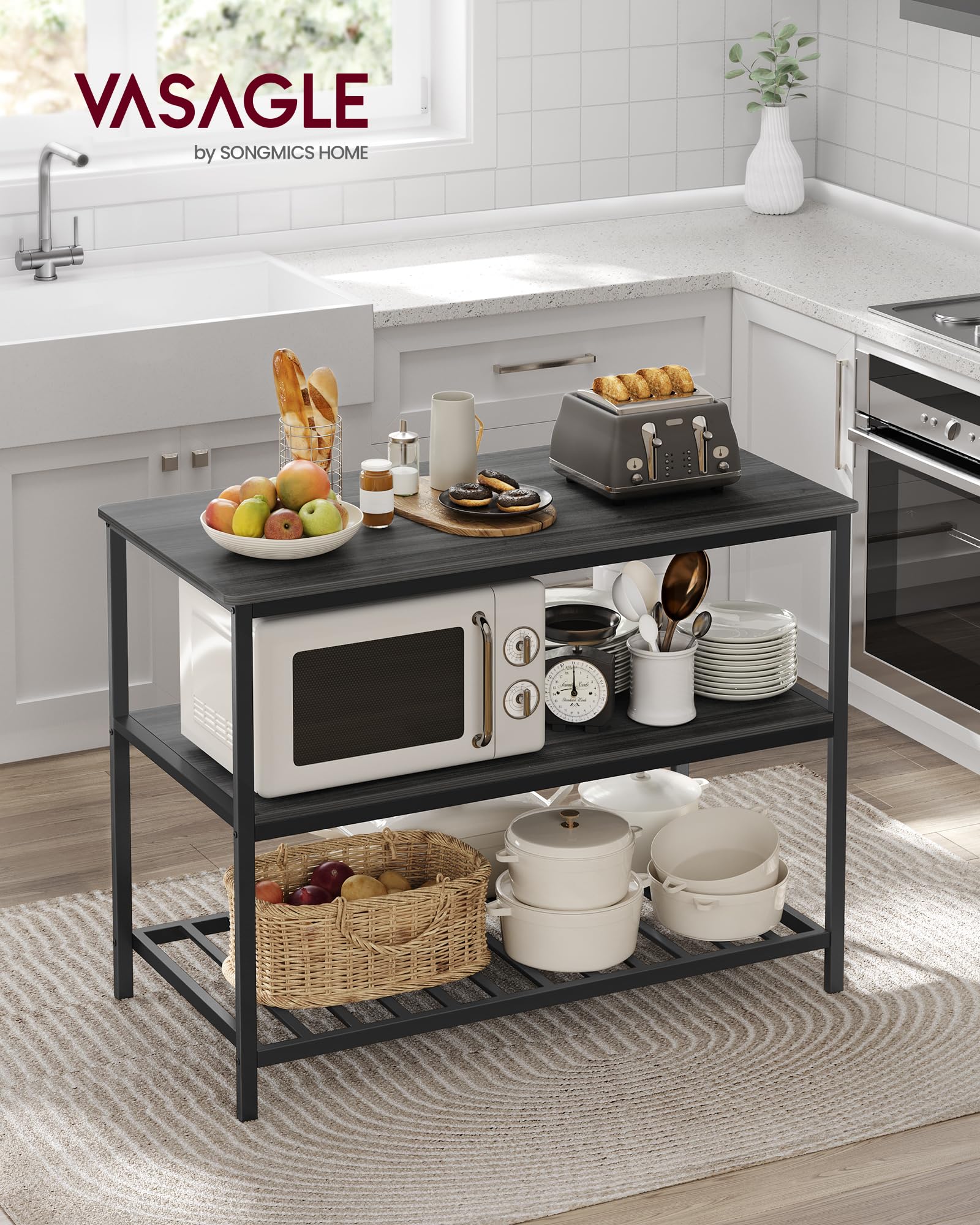 VASAGLE Kitchen Island with 3 Shelves, 47.2 Inches Kitchen Shelf with ...