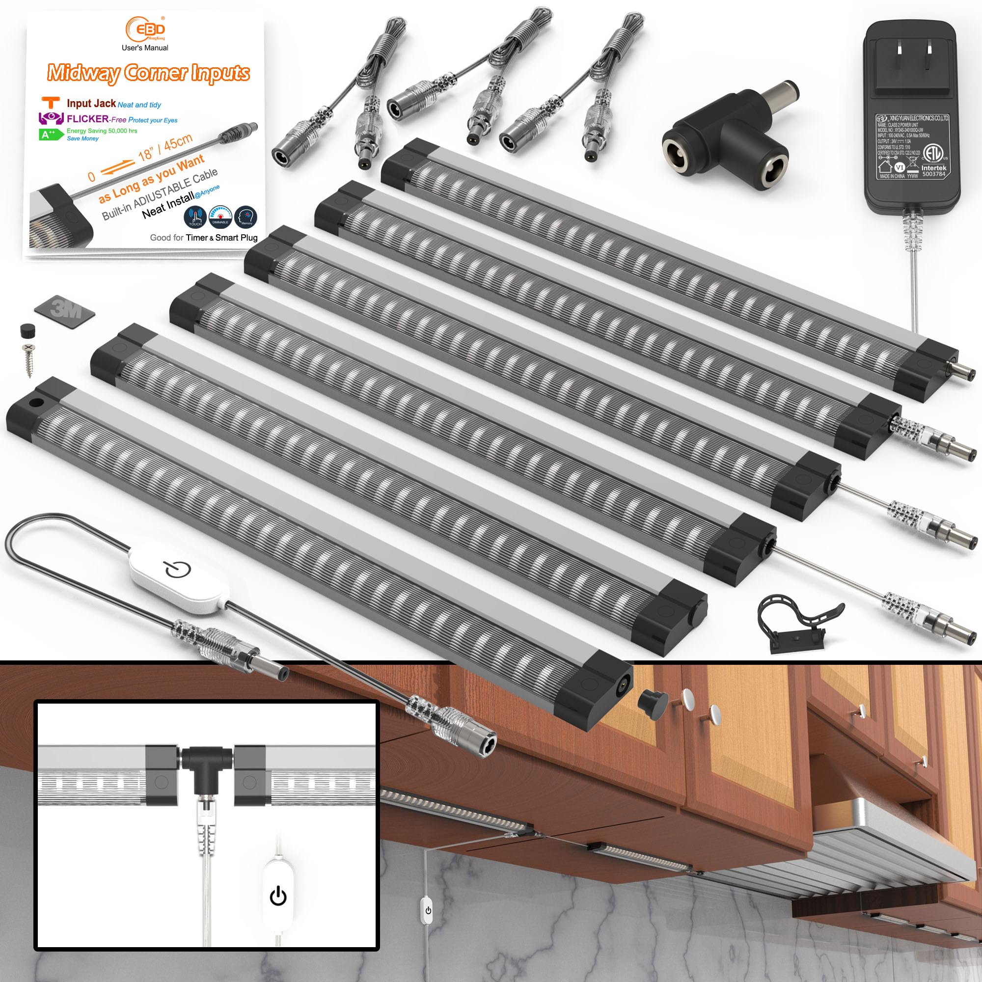 EBD LED Light Bar Built-in Adjustable Cable 6 Pcs Corner Input Under ...