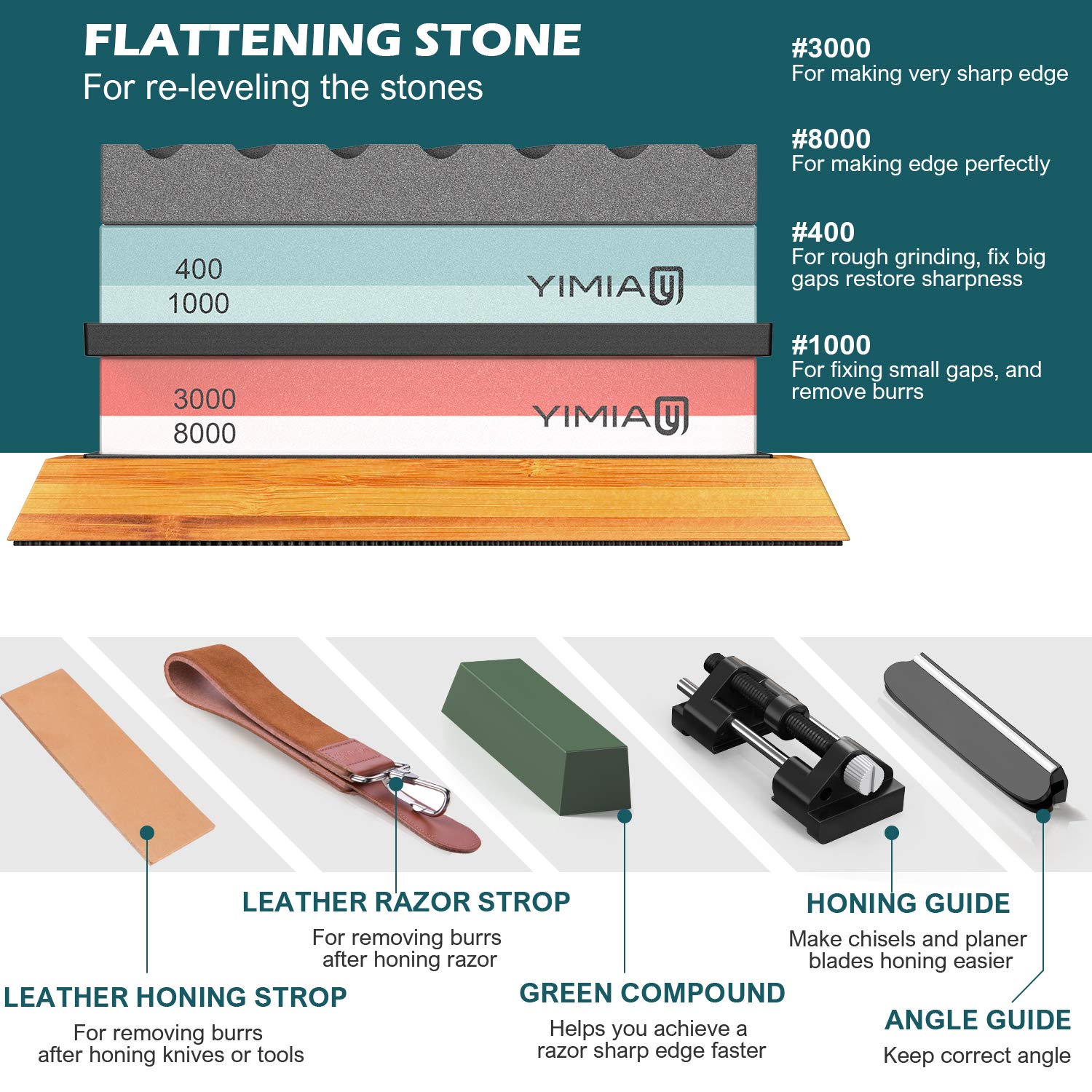 Knife Sharpening Stone Set, YIMIAY Grit 400/1000 3000/8000 Whetstone ...