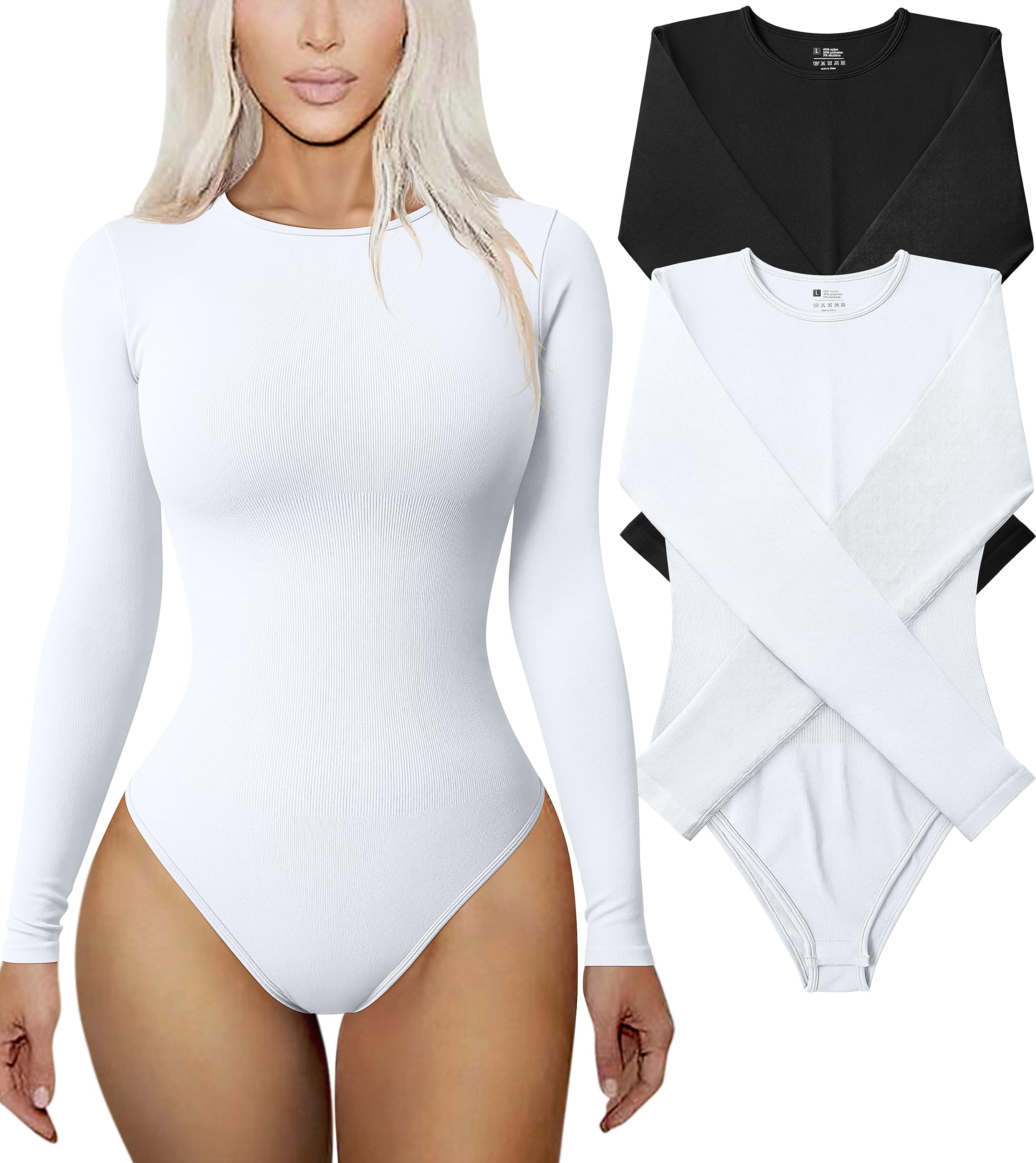 TOB Women's 2 Piece Bodysuits Sexy Ribbed One Piece Long Sleeve Round Neck Tops Bodysuits Black ...