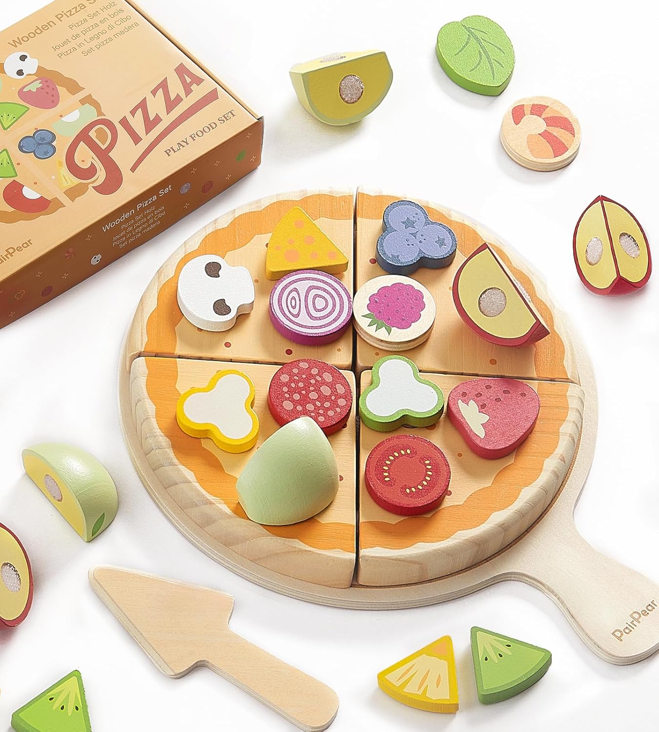 Amazon.com: PairPear Wooden Pizza Toy Cutting Play Food Set, Kids ...