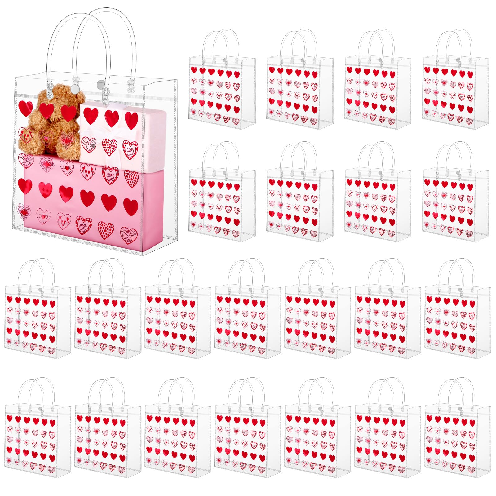 24 Pcs Valentines Day Clear PVC Gift Bags with Handles Red Love Heart ...