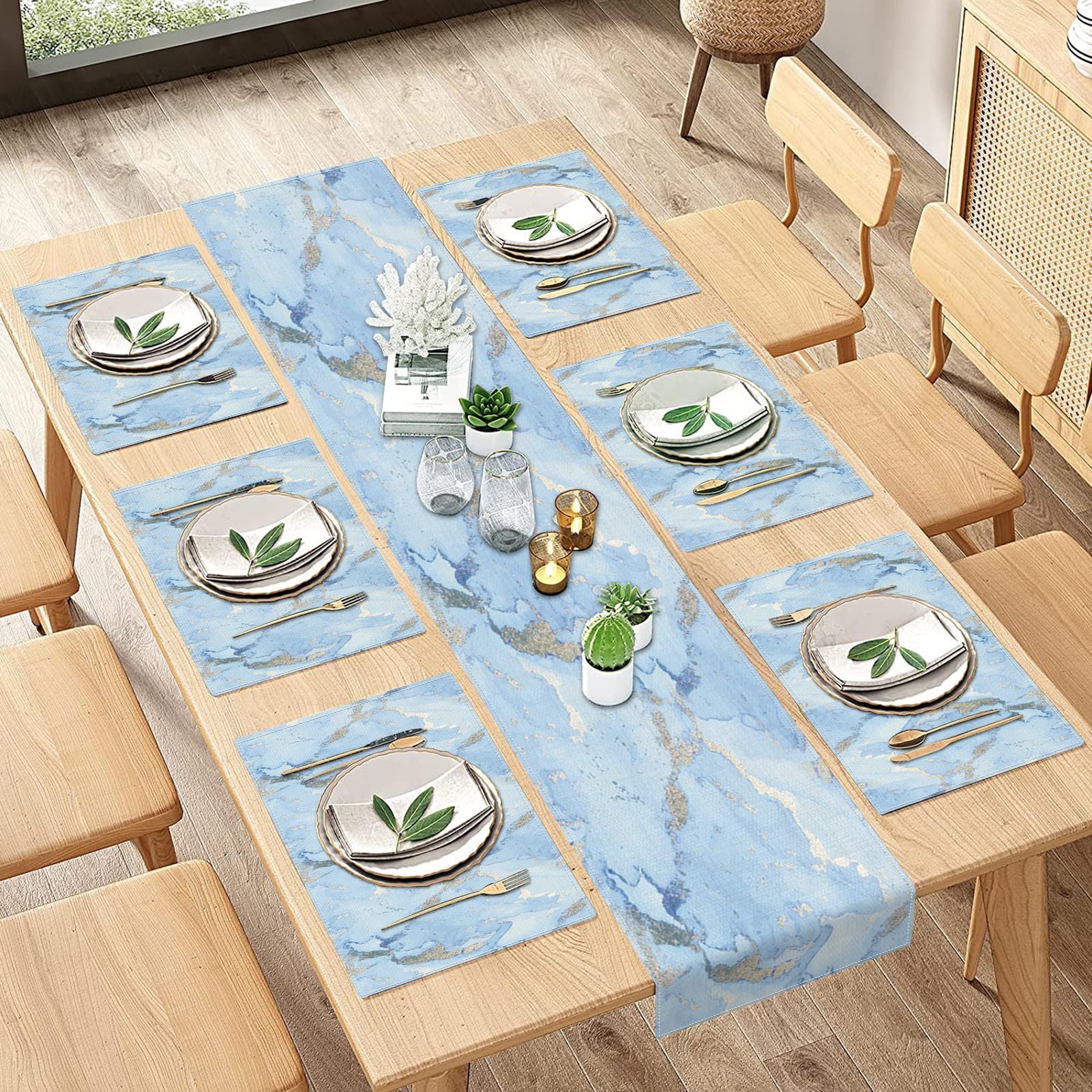 Amazon.com: Culudea Marble Blue Gold Table Runner and Placemats Set of ...