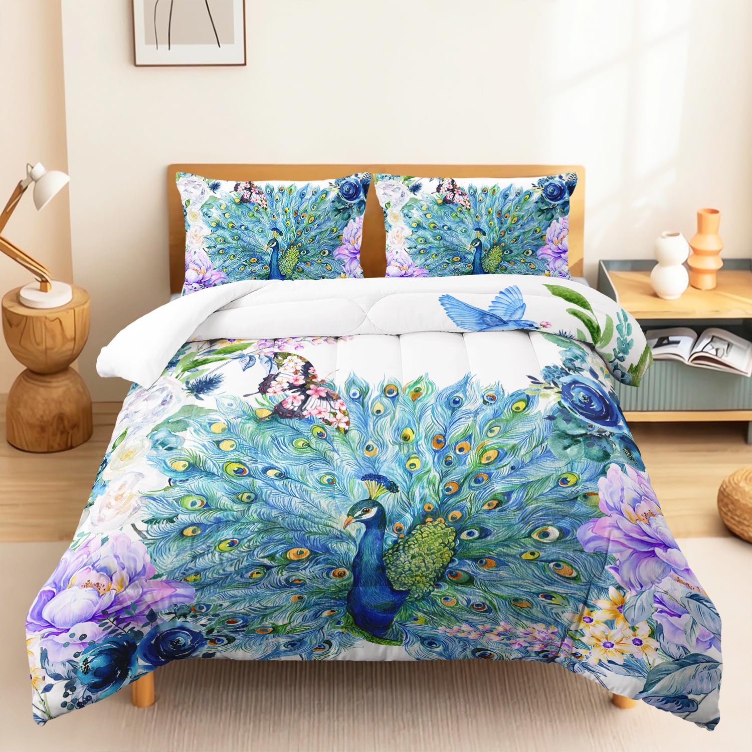 Amazon.com: CVHOUSE Peacock Comforter Set Twin Size,Floral Peacock ...