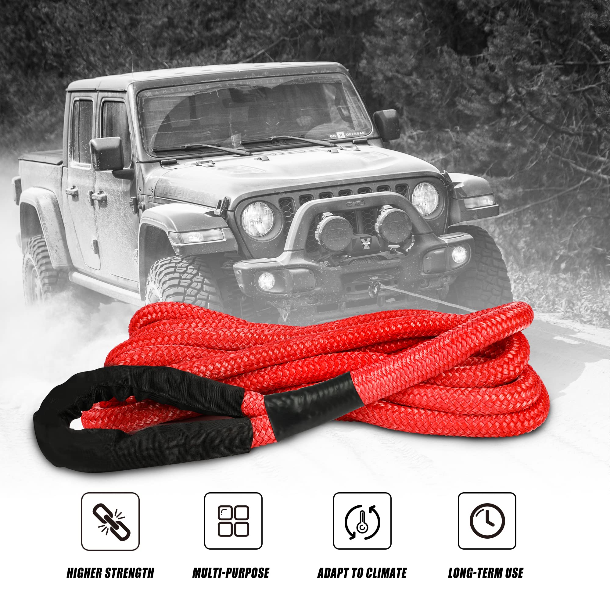 JUVENED 7/8"×30' Kinetic Recovery & Tow Rope (28,600lbs) with 2 Soft ...