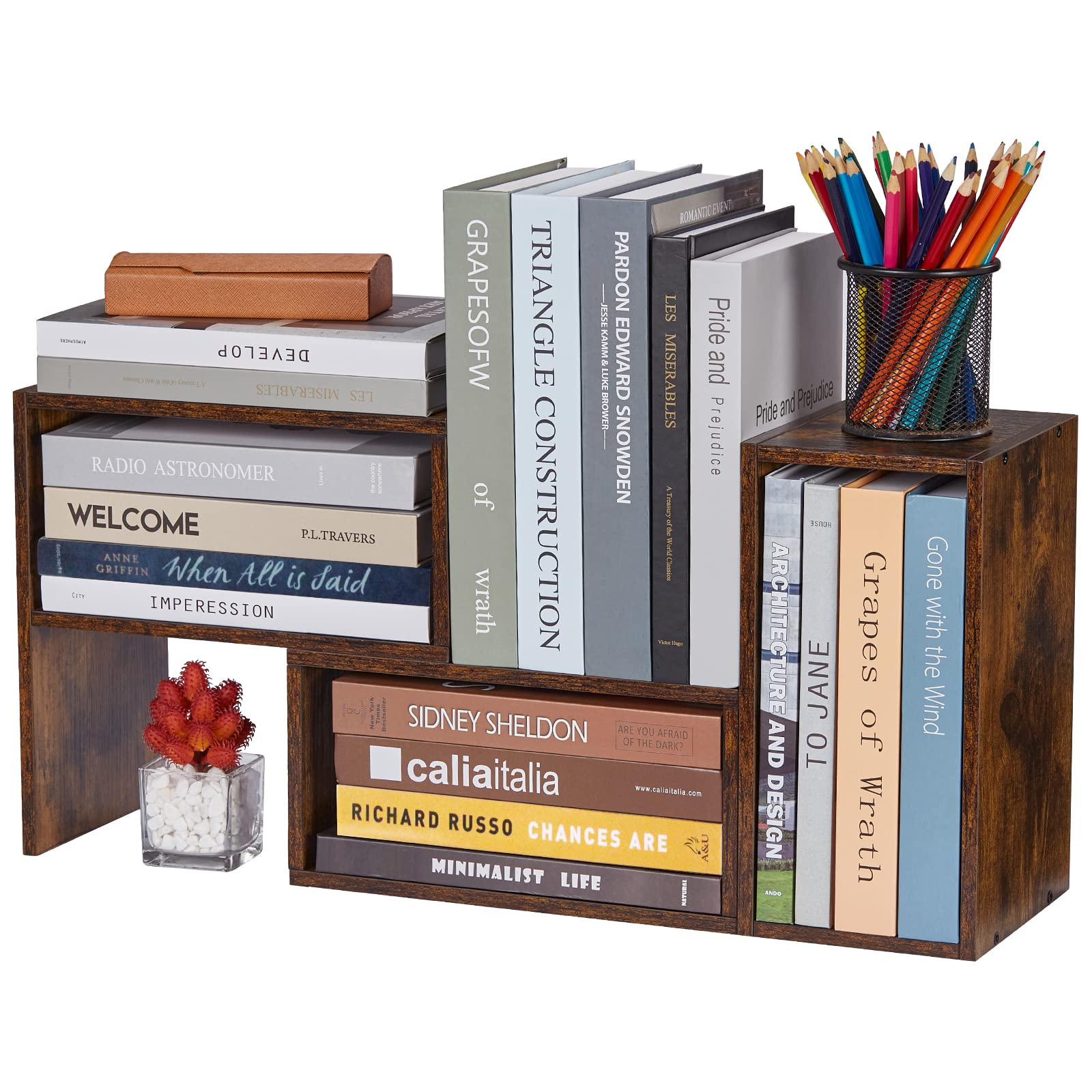 Desktop Bookshelf Organizer, Adjustable Wooden Desk Shelf with 3 ...