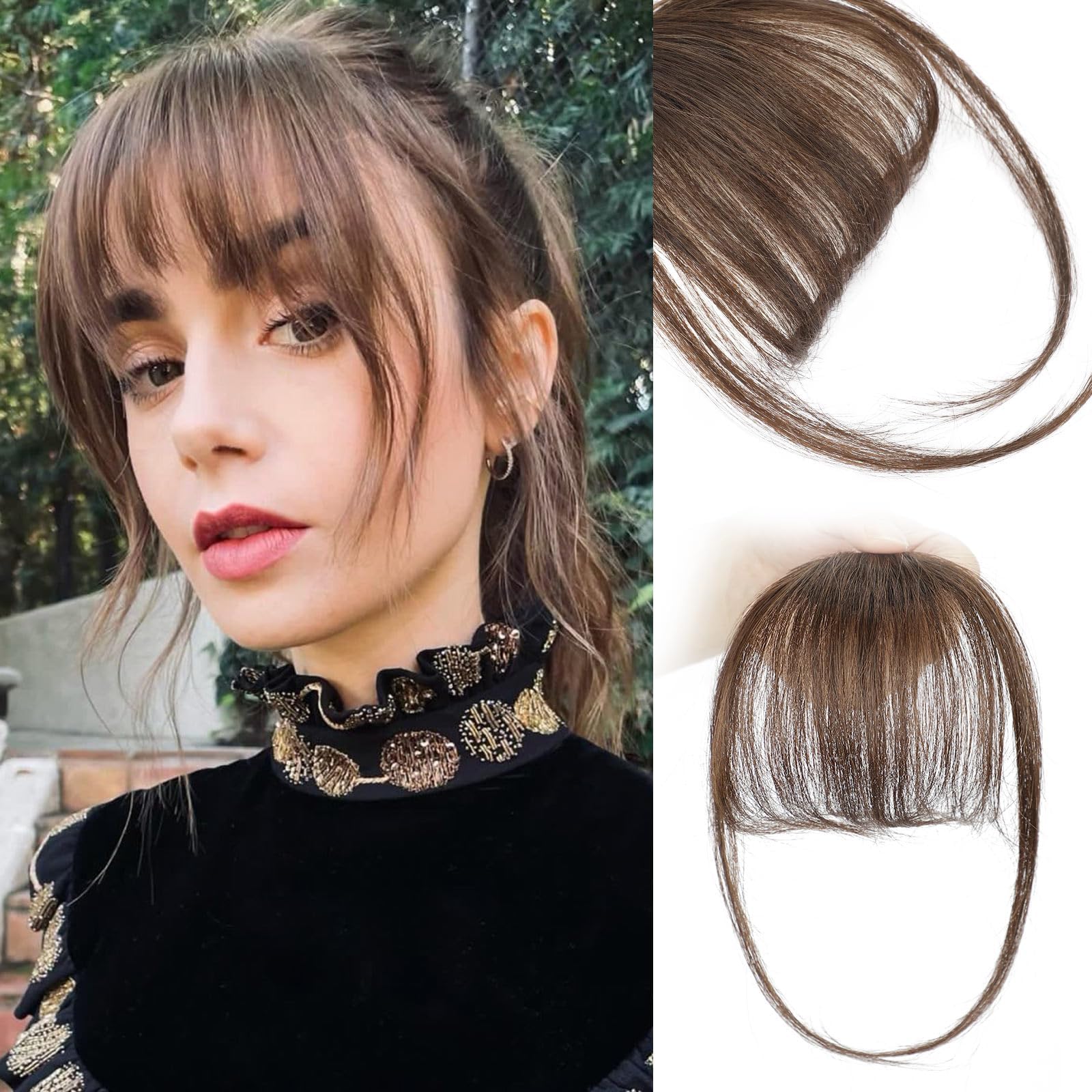 Amazon.com : HANYUDIE Clip in Bangs Medium Brown Fake Bangs Real Human ...