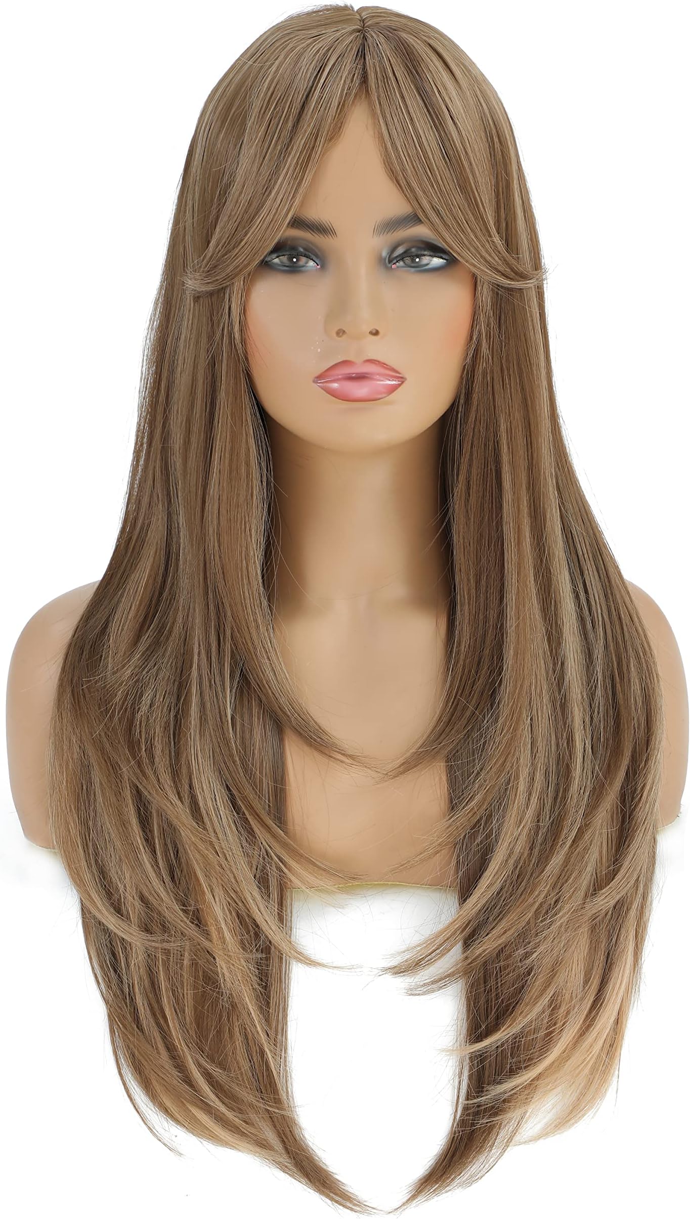 Amazon.com : SWACC Long Layered Straight Wig with Bangs Synthetic Hair ...