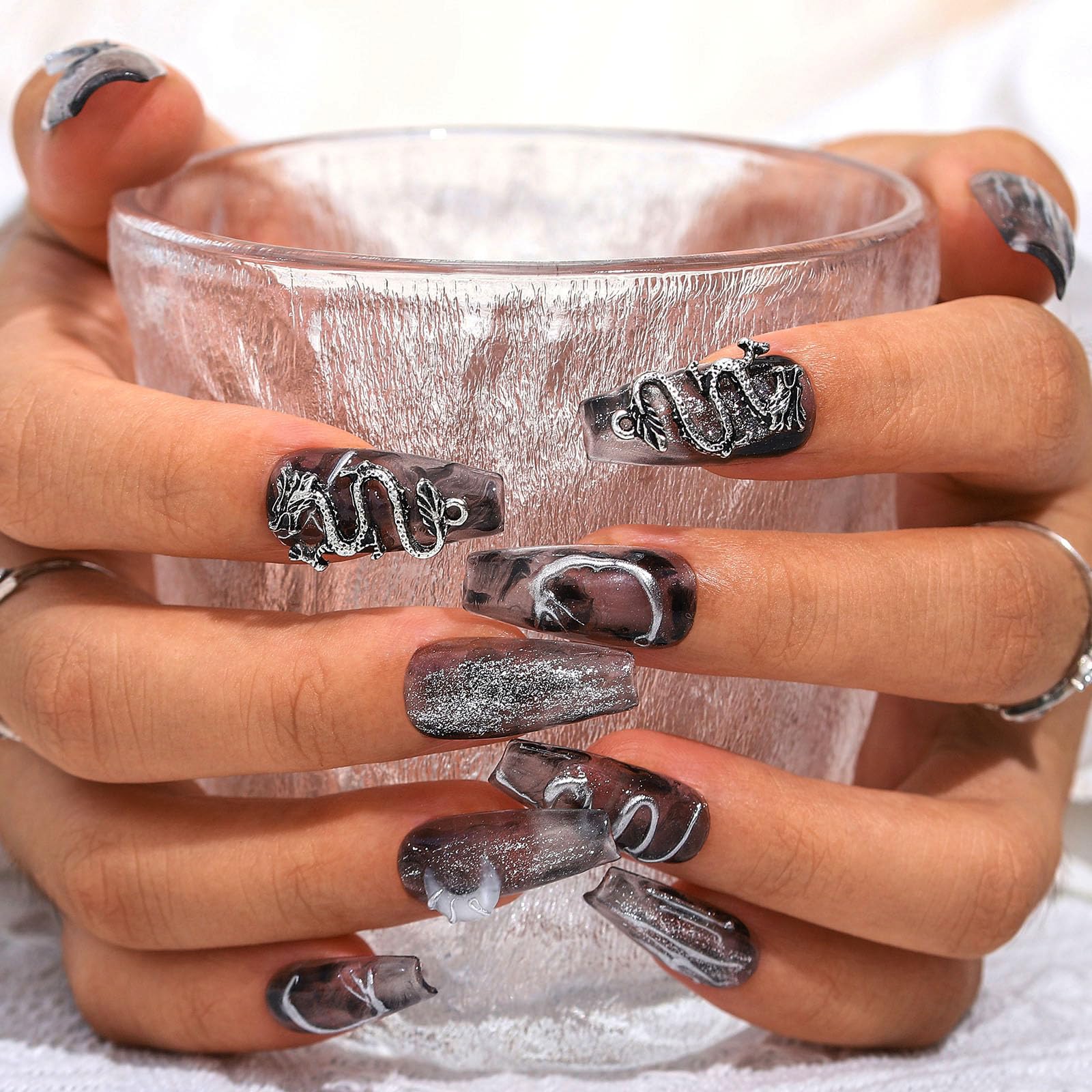 Amazon.com: Sethexy Punk Long Coffin False Nails Handmade Rhinestone ...