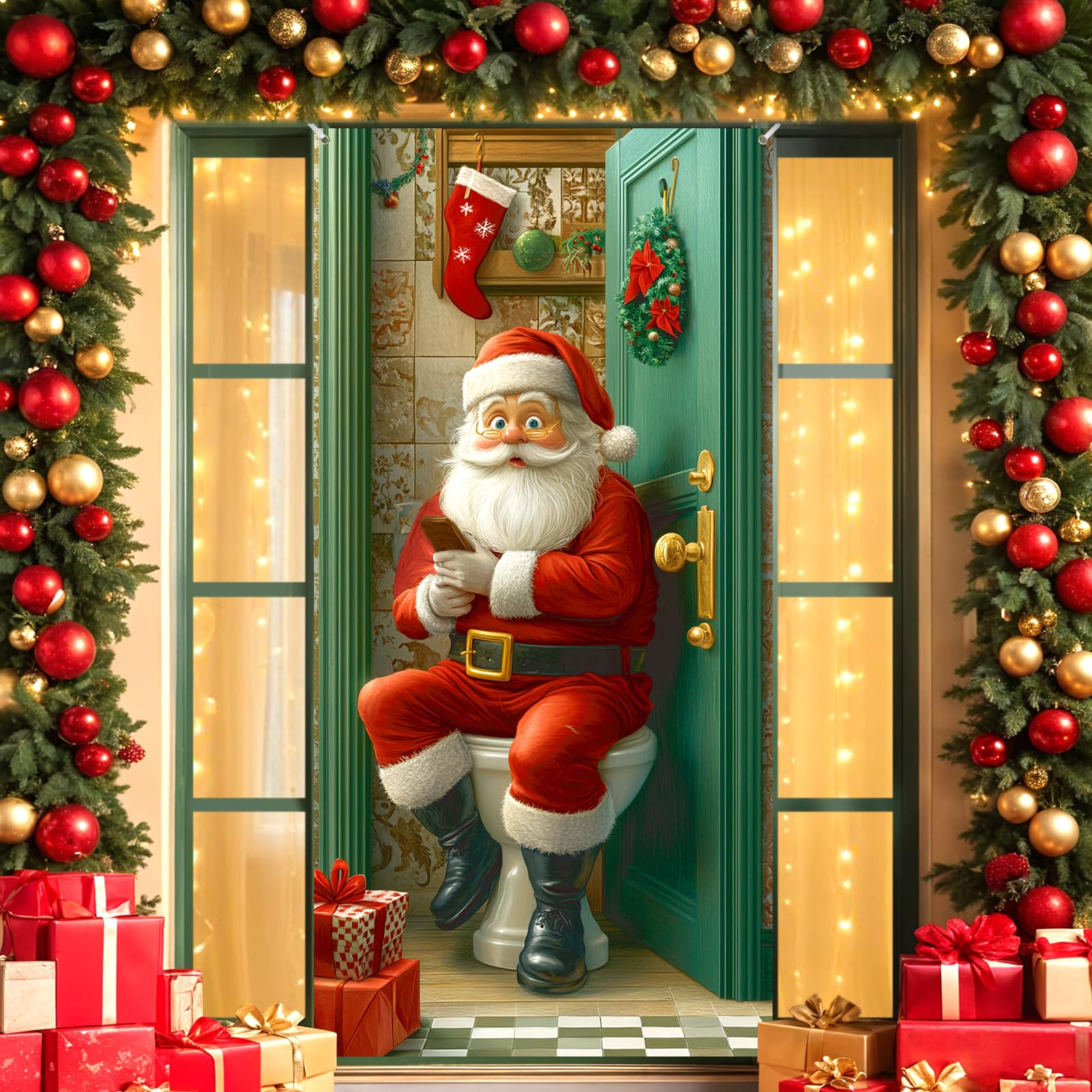 Amazon.com: Funny Christmas Door Cover Santa Claus Door Banner Decorations Christmas Santa ...