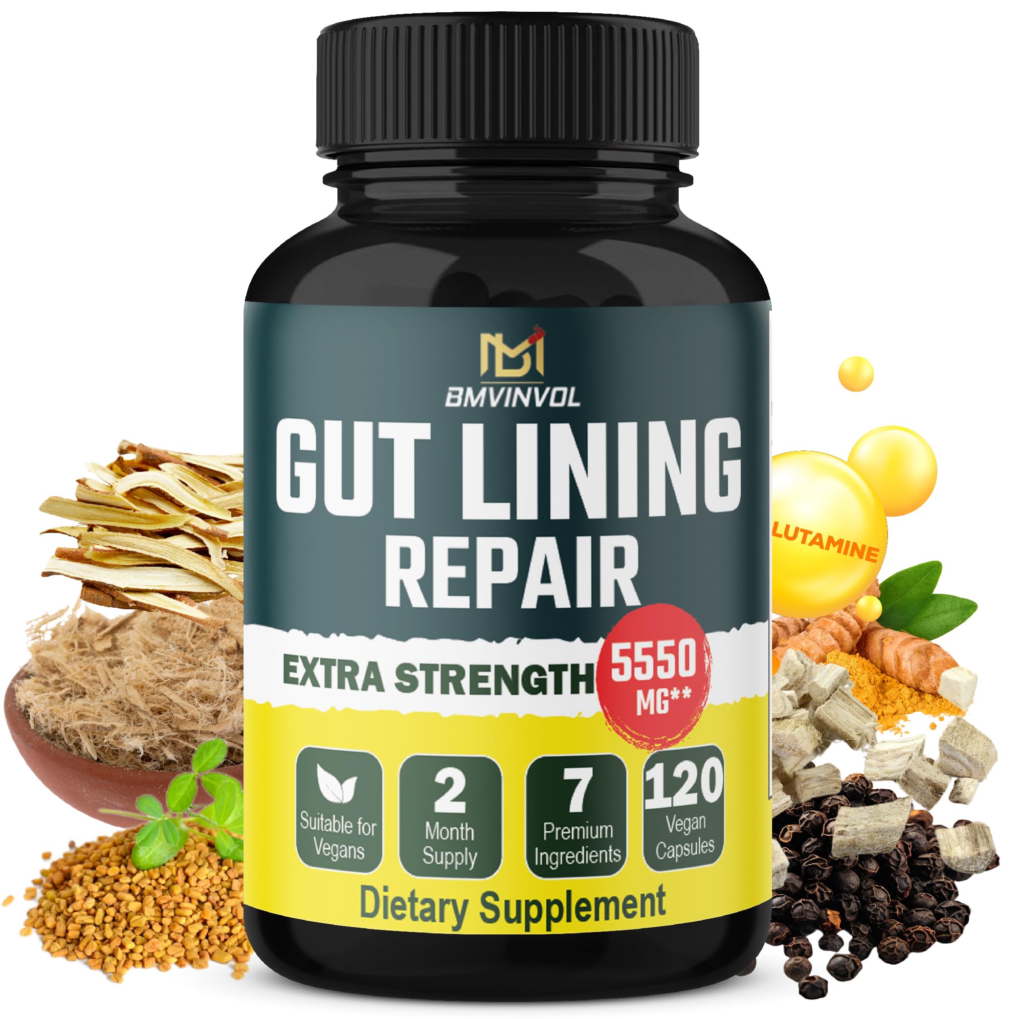Gut Repair Supplement 𝟓𝟕𝟓𝟎𝐦𝐠 - 𝟏𝟐𝟎 𝐂𝐚𝐩𝐬𝐮𝐥𝐞𝐬 - L-Glutamine, Slippery Elm ...