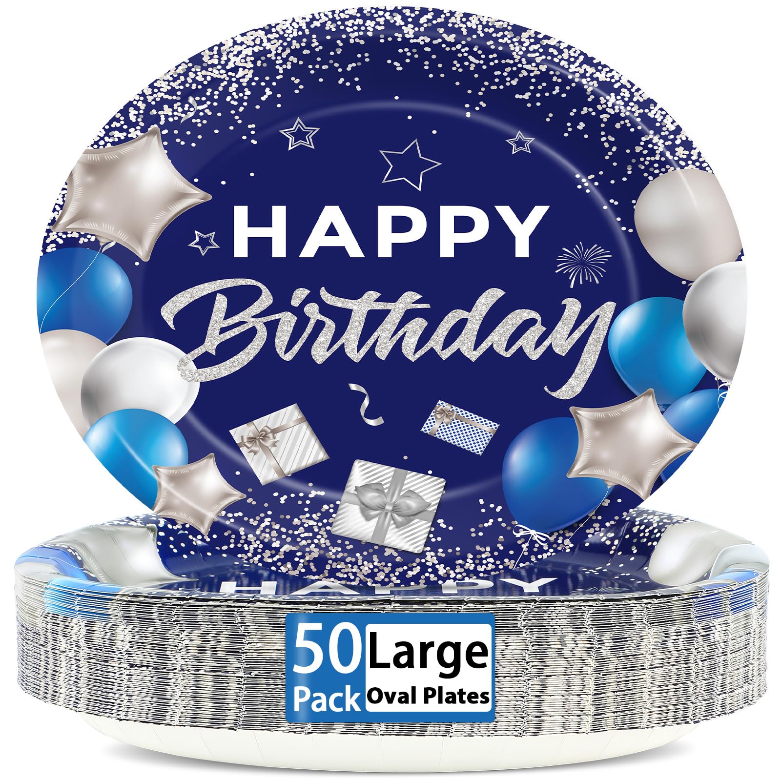 Amazon.com: 50PCS Blue Silver Birthday Oval Paper Plates 11inch Large ...