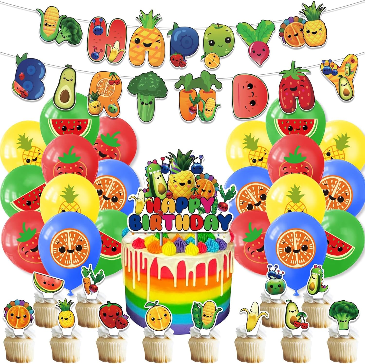 Amazon.com: 36pcs Fruit Birthday Decorations Set Happy Birthday Banner ...