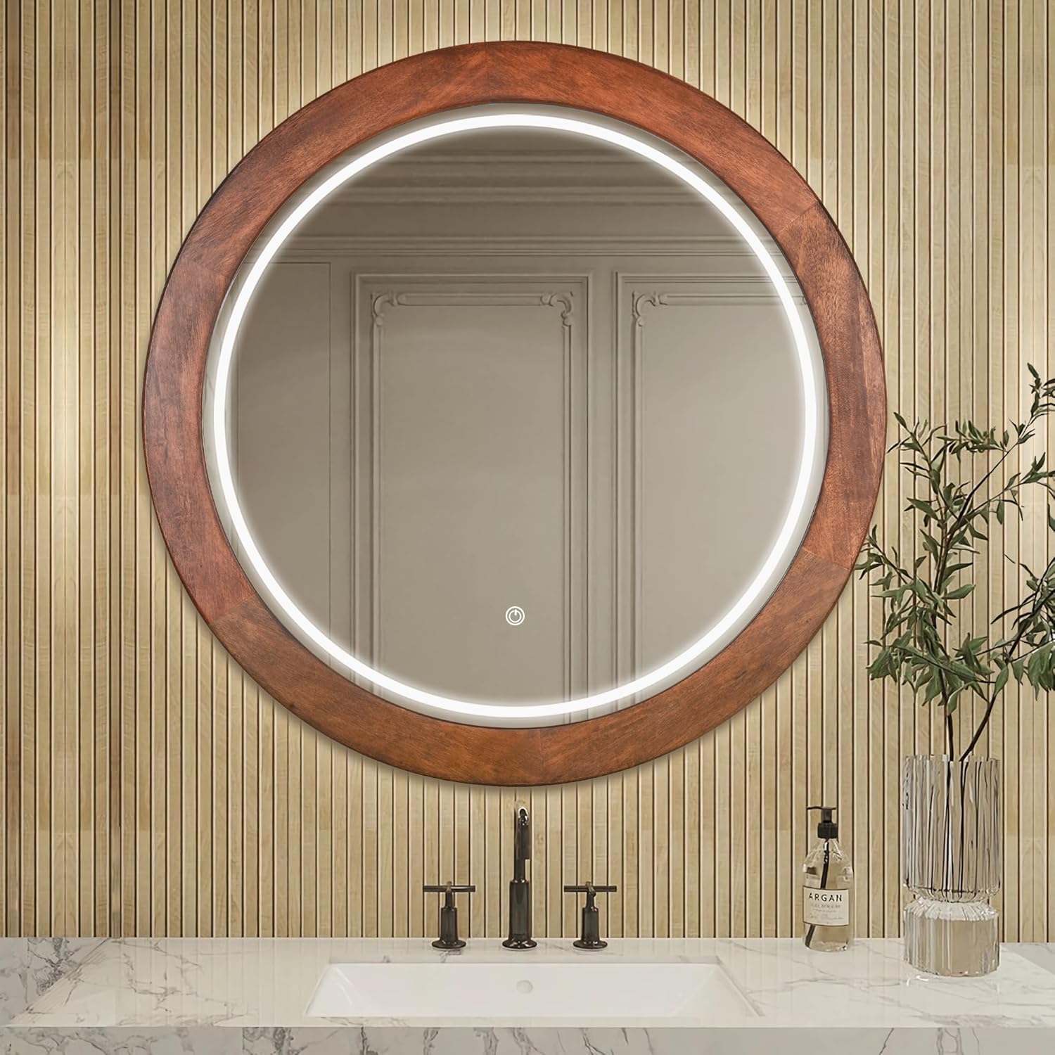 Amazon.com: Round Bathroom LED 30 Inch Mirror with Walnut Wood Frame ...