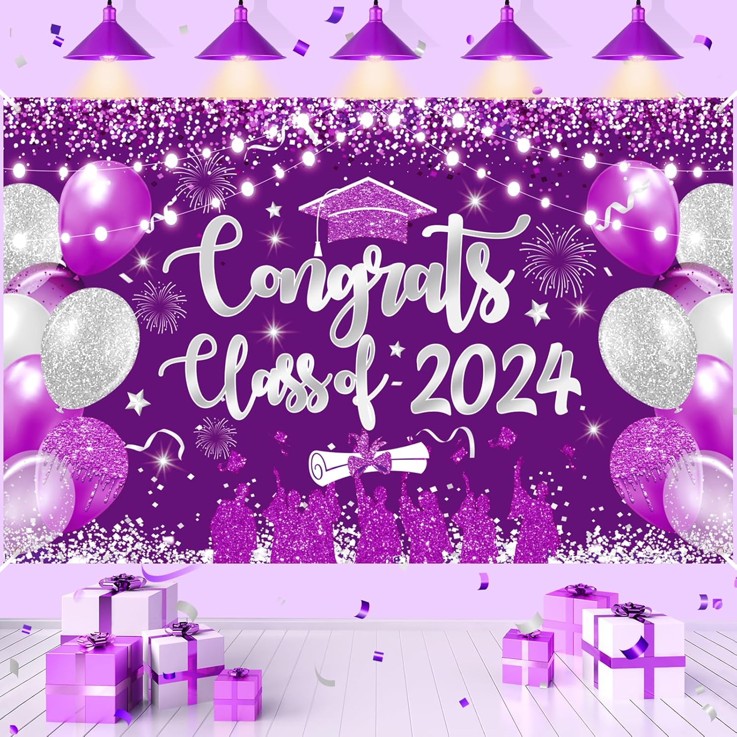 Amazon.com: Purple Silver Graduation Decorations Banner Purple Congrats ...