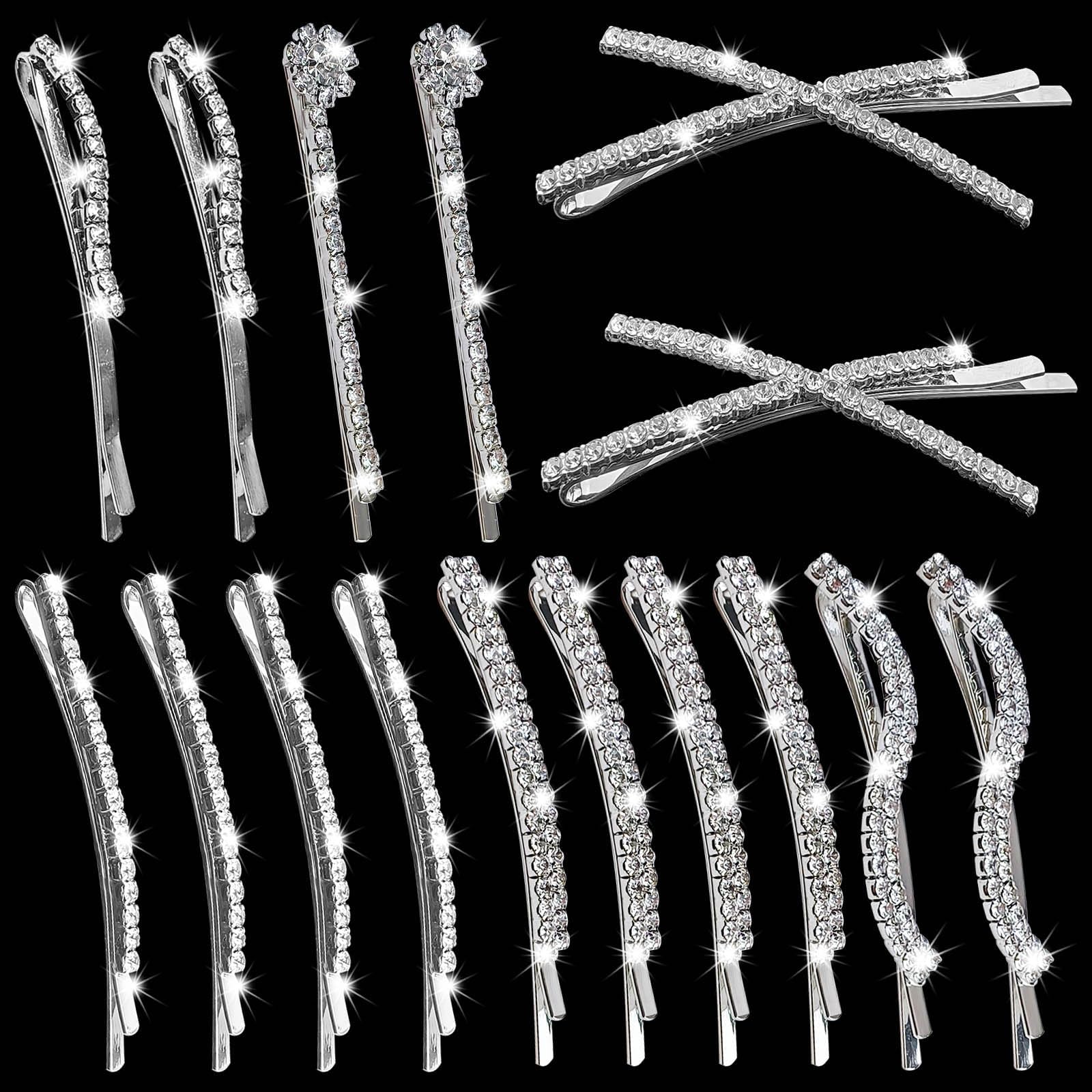 Amazon.com : 16 Pieces Silver Rhinestone Bobby Pins Set, Crystal ...