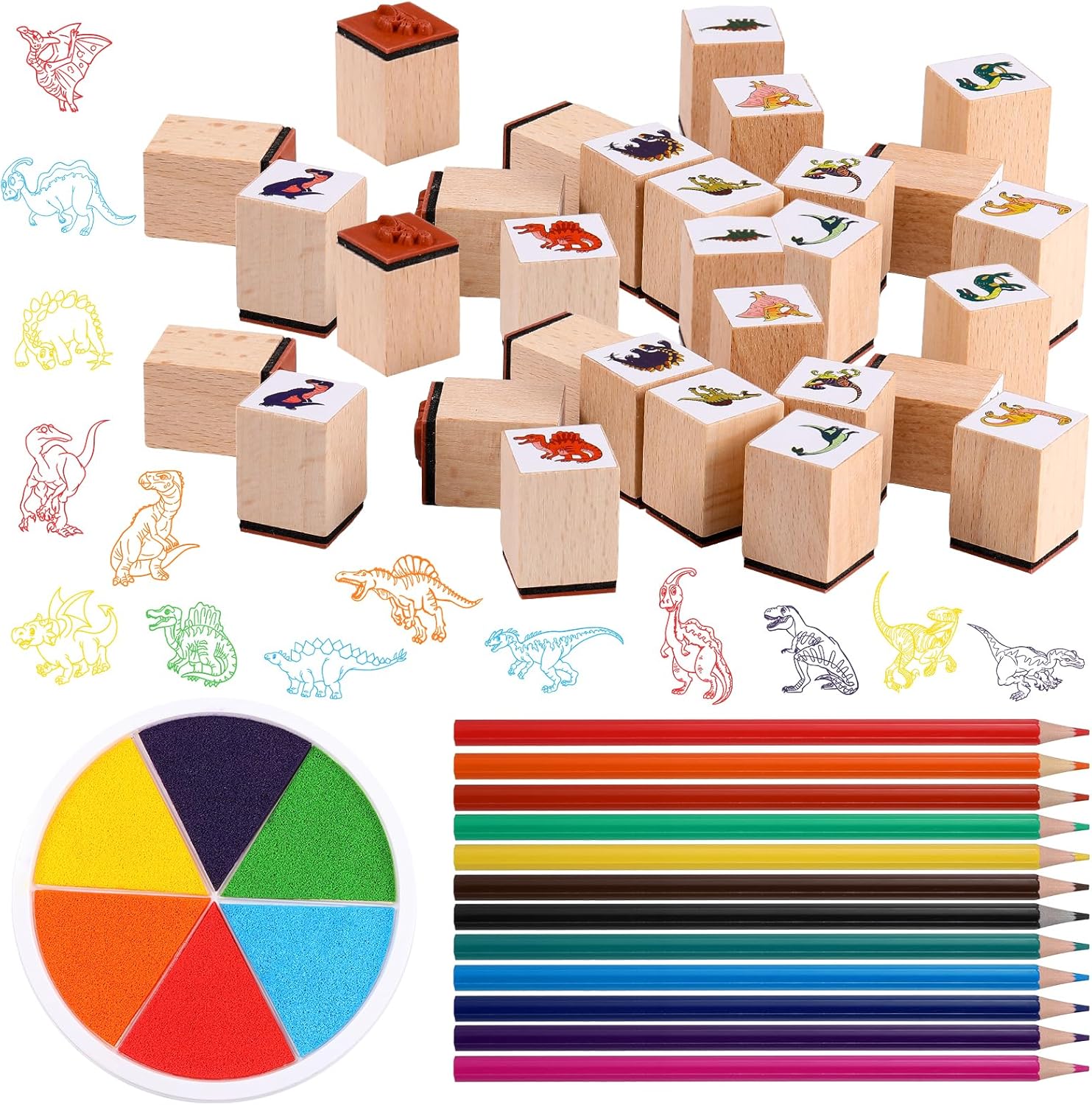 Amazon.com: Qilery 73 Pcs Dinosaur Wooden Stamp and Coloring Set 60 ...