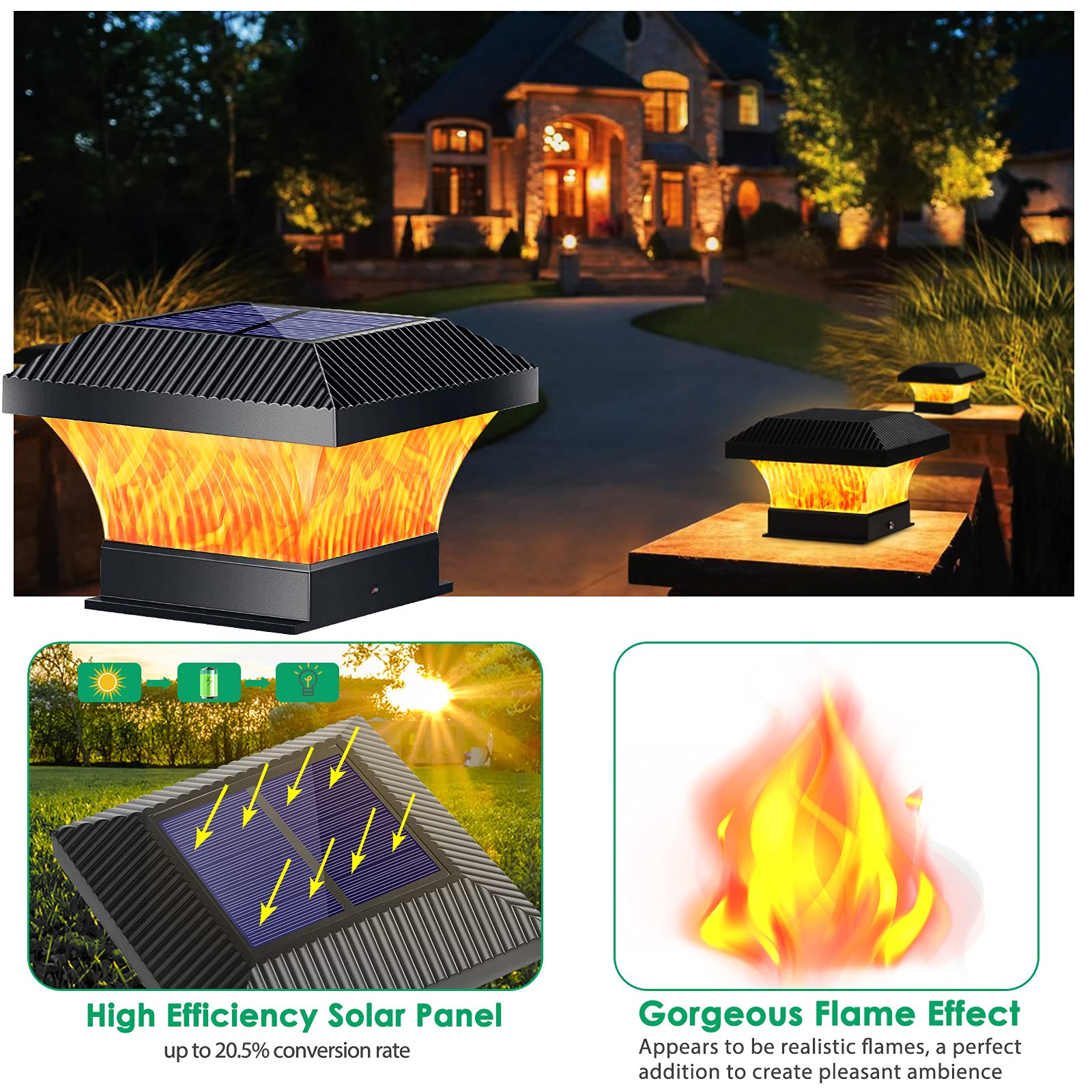 TomCare Solar Post Cap Lights Flickering Flame Solar Post Lights ...
