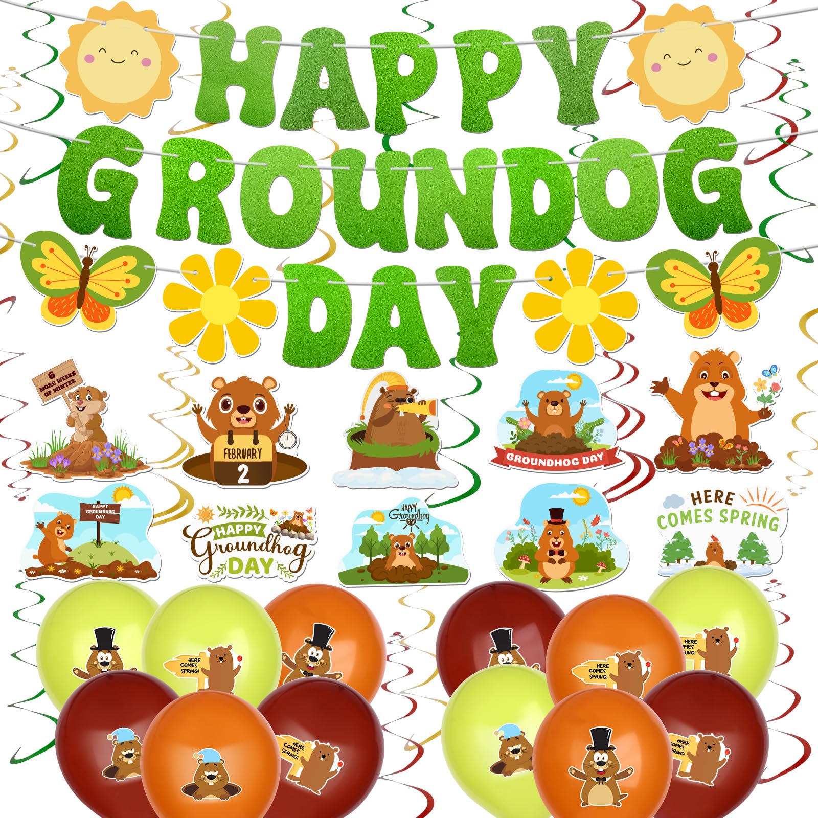 Amazon.com: FIONUPI 25 Pcs Happy Groundhog Day Banner Hanging Swirls ...
