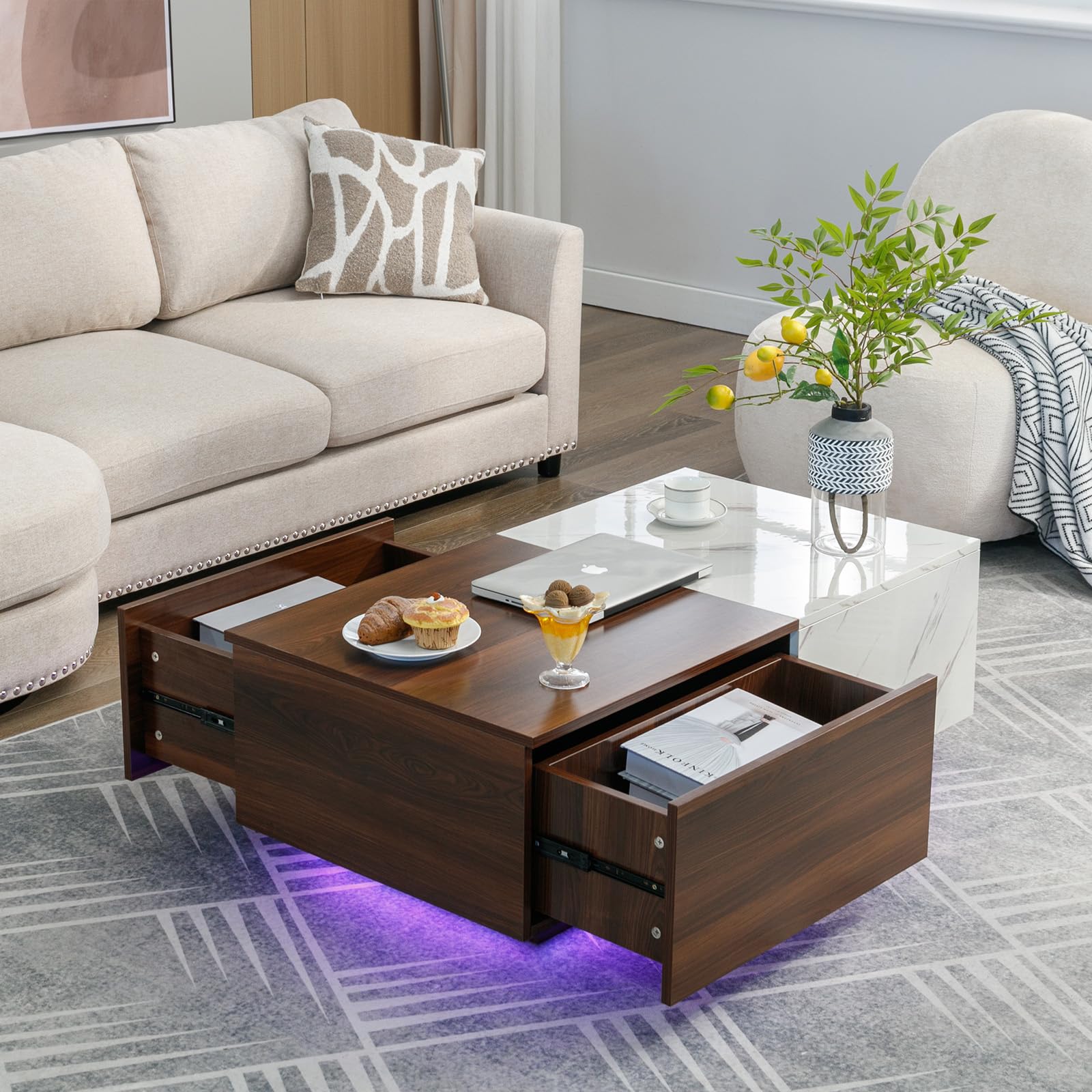 COSVALVE Coffee Table, Walnut and Marble White Living Room Table, Mid ...