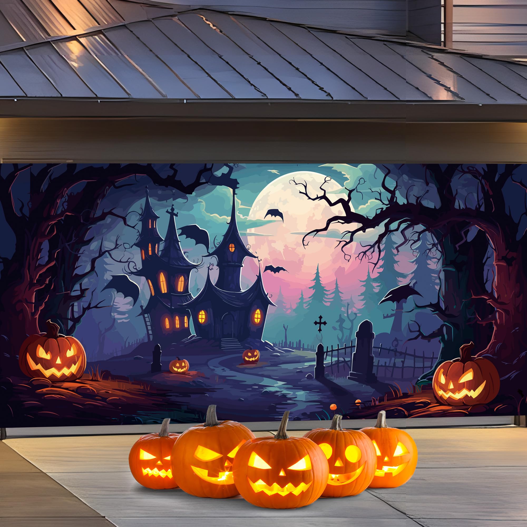 Amazon.com : Halloween Garage Door Banner Cover Halloween Large Hanging Backdrop Door Cover ...