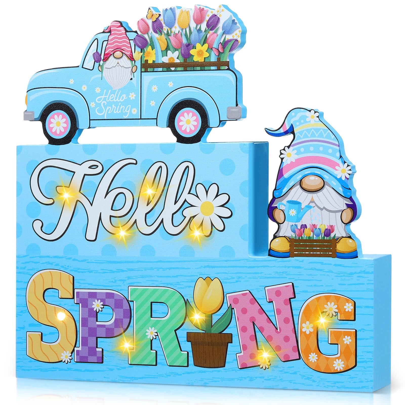 Hello Spring Table Sign Deco with Lights LED Wooden Spring Table ...