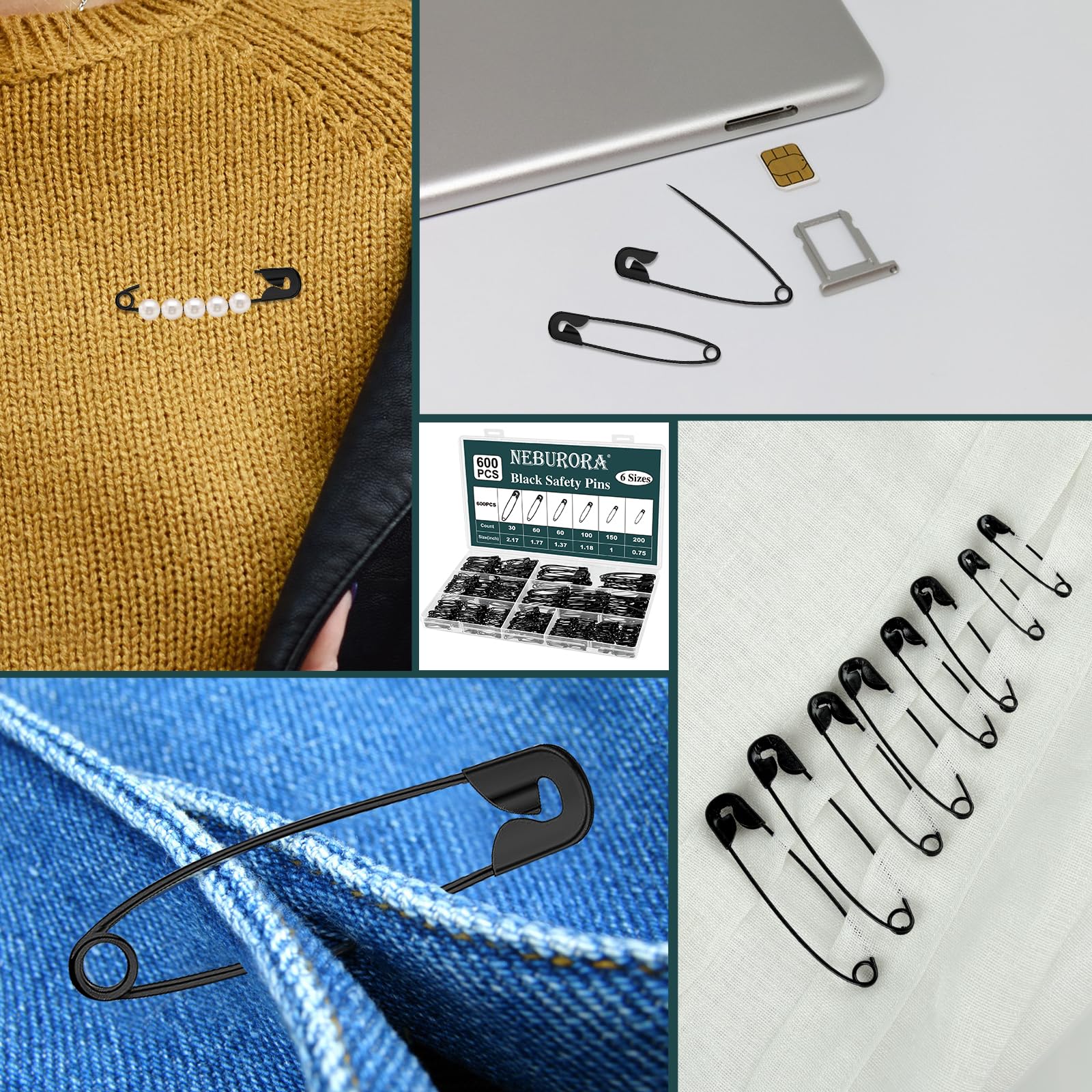 Snapklik.com : 600Pcs Black Safety Pin Assorted Size Safety Pin Small ...