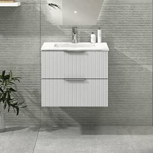 Evora 600mm Satin Green Fluted Wall Hung Bathroom Vanity Unit 2 Drawer ...