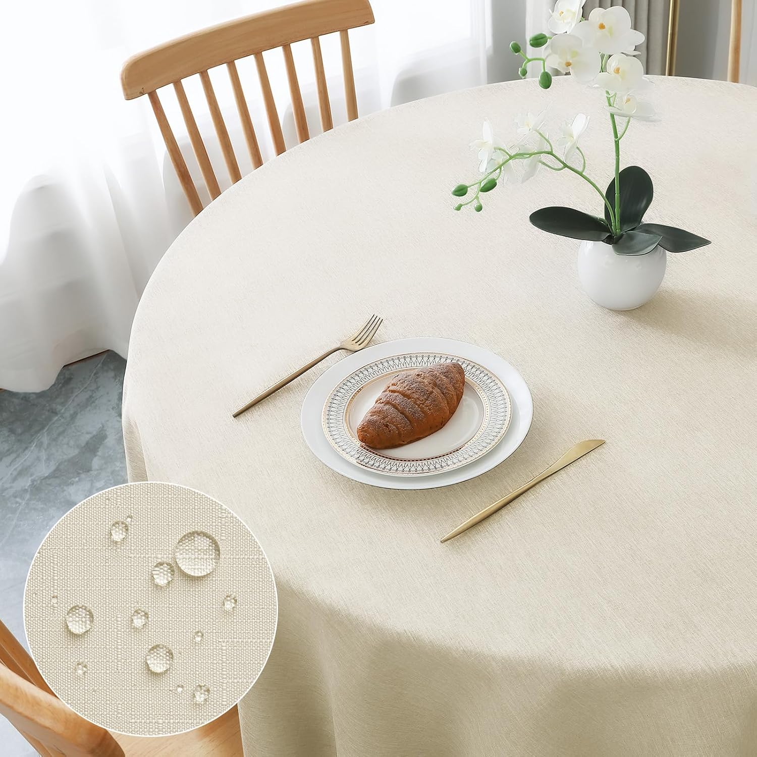 AooHome Tablecloth Round Φ120cm Beige, Wipe Clean Tablecloths Washable ...