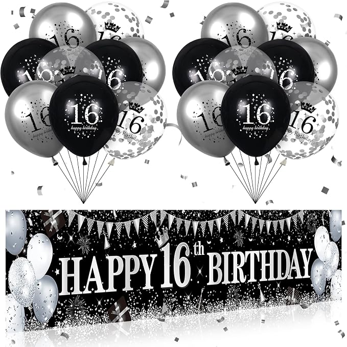 Amazon.com: Black Silver Happy 16th Birthday Decorations - Banner, Yard ...