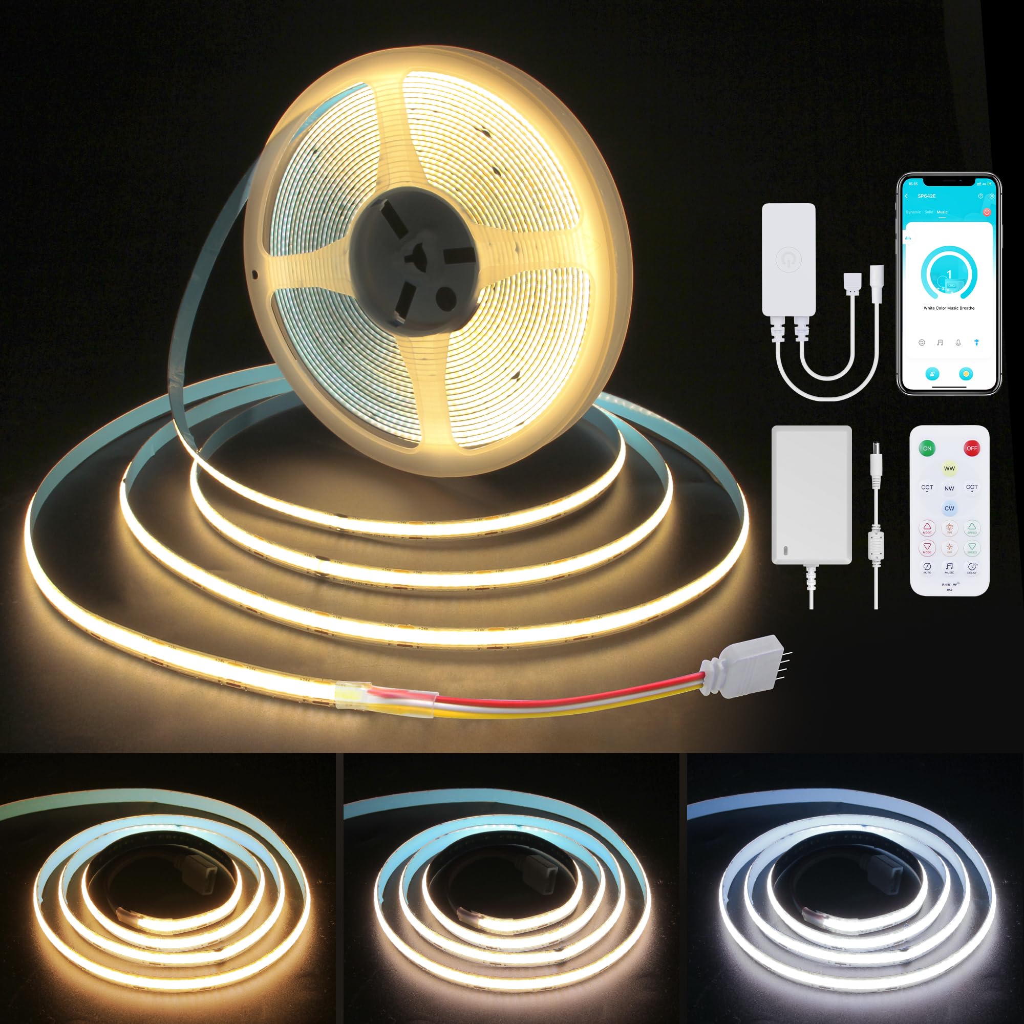 ALITOVE 32.8ft COB White LED Light Strip Tunable App Control 2700K ...