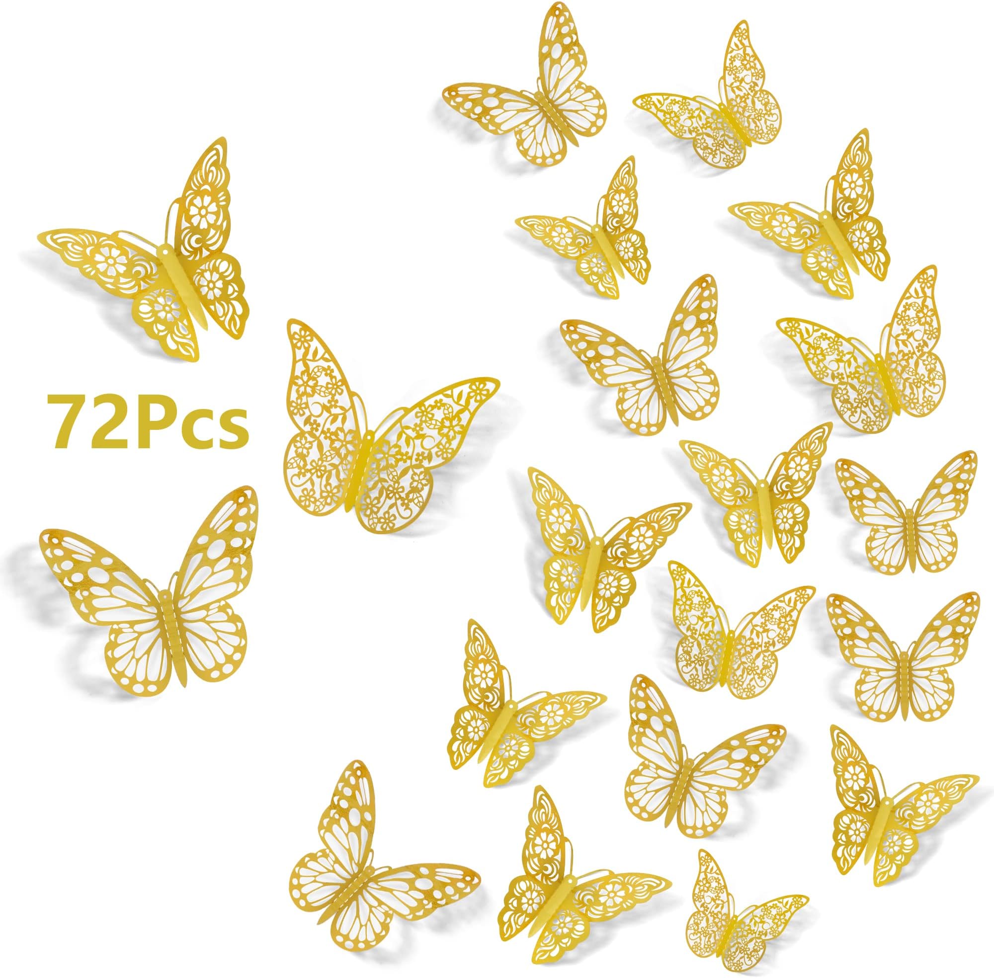 Amazon.com: 72Pcs Gold Silver Butterfly Wall Sticker Decal 3D Metallic ...