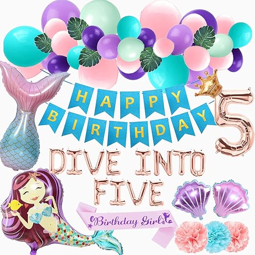 Amazon.com: Dive Into Five Birthday Party Decorations Mermaid Birthday ...
