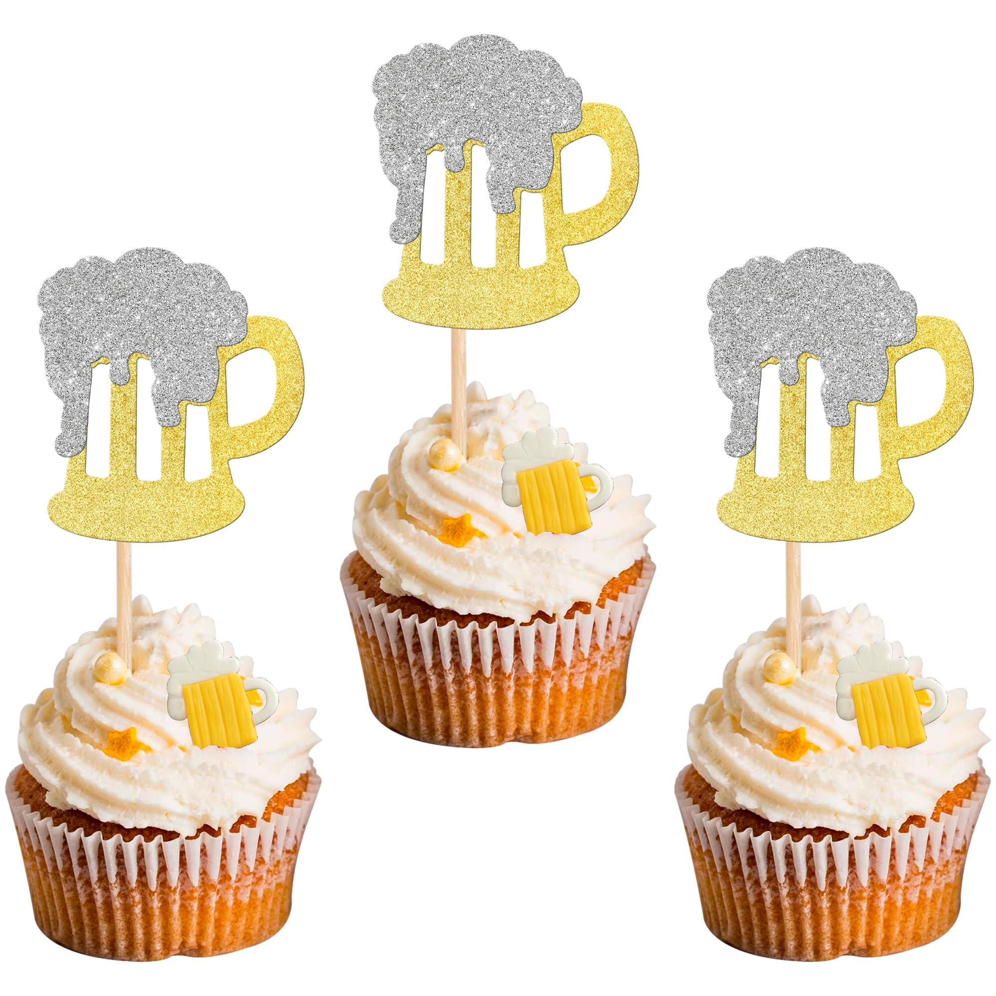 Amazon.com: 24 PCS Beer Bug Cupcake Toppers Silver Gold Cheers and ...