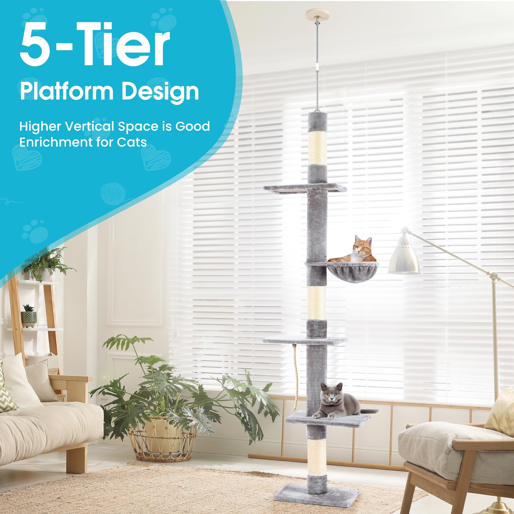 5-Tier Cat Tree, 89-109 Inch Adjustable Height, Sisal Scratching Post ...