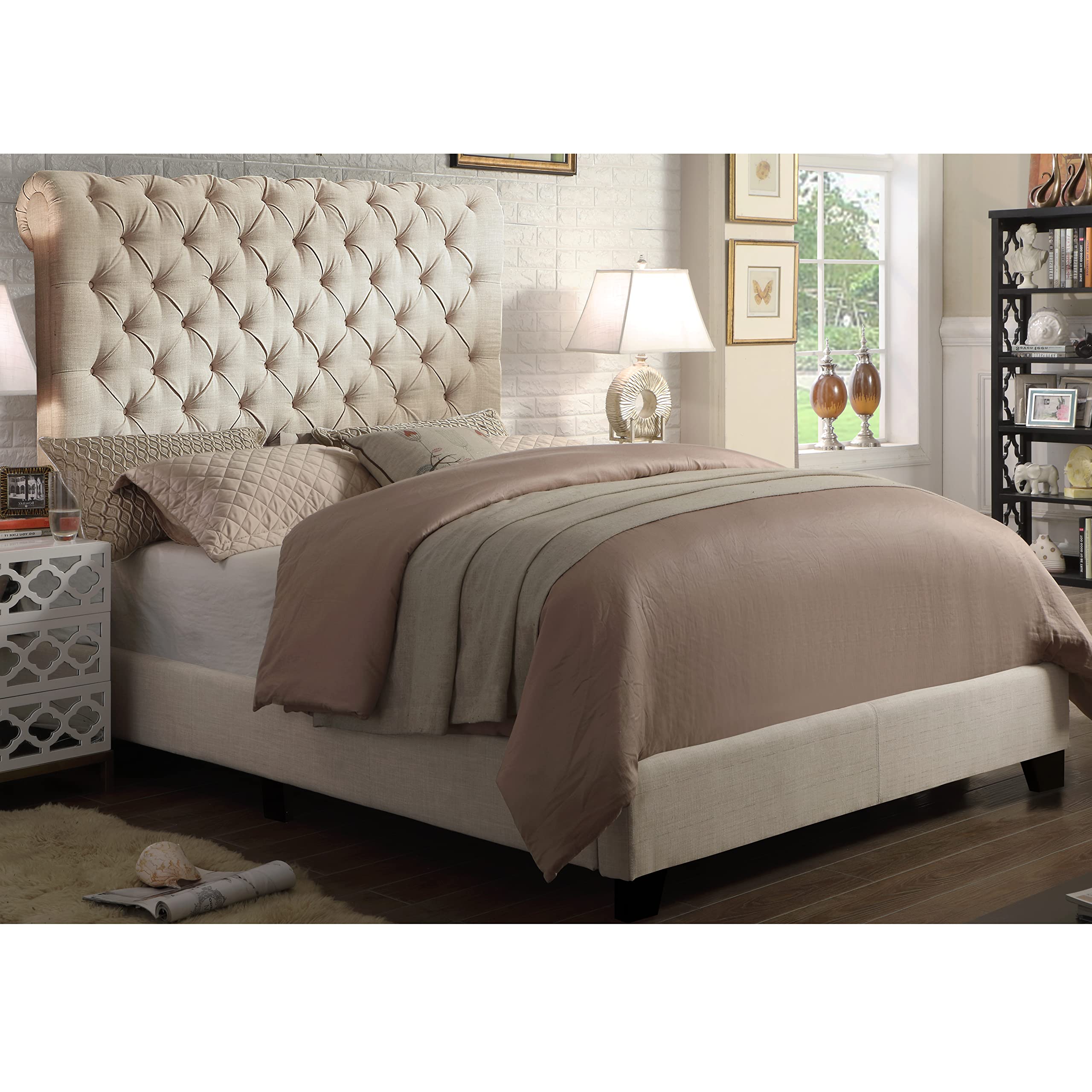 Amazon.com: Rosevera Queen Size Beige Upholstered Bed Frame - Luxurious ...