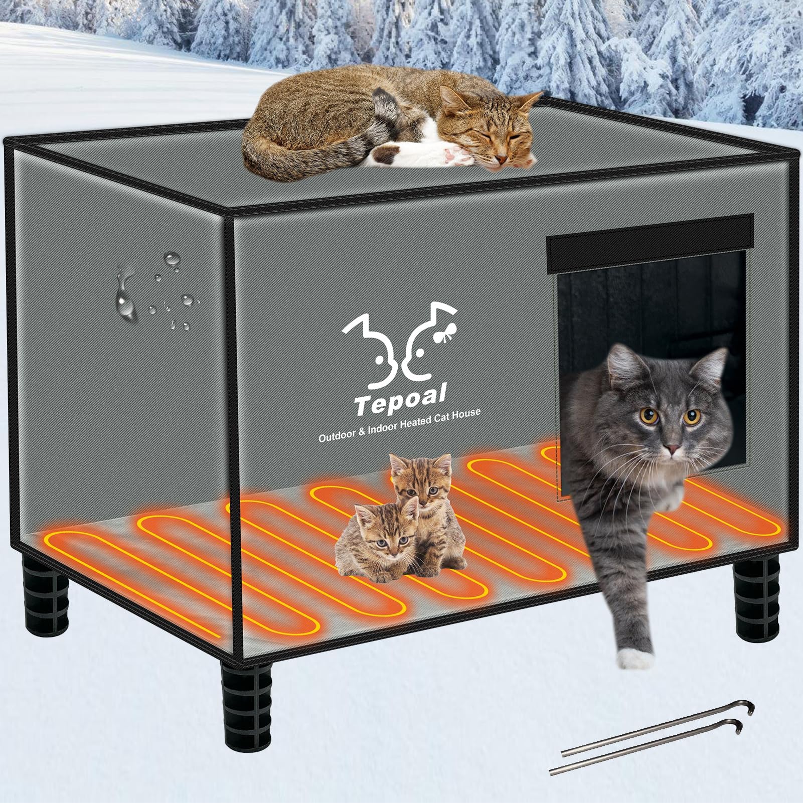 Tepoal Indestructible Heated Cat House for Outdoor Cats in Winter ...