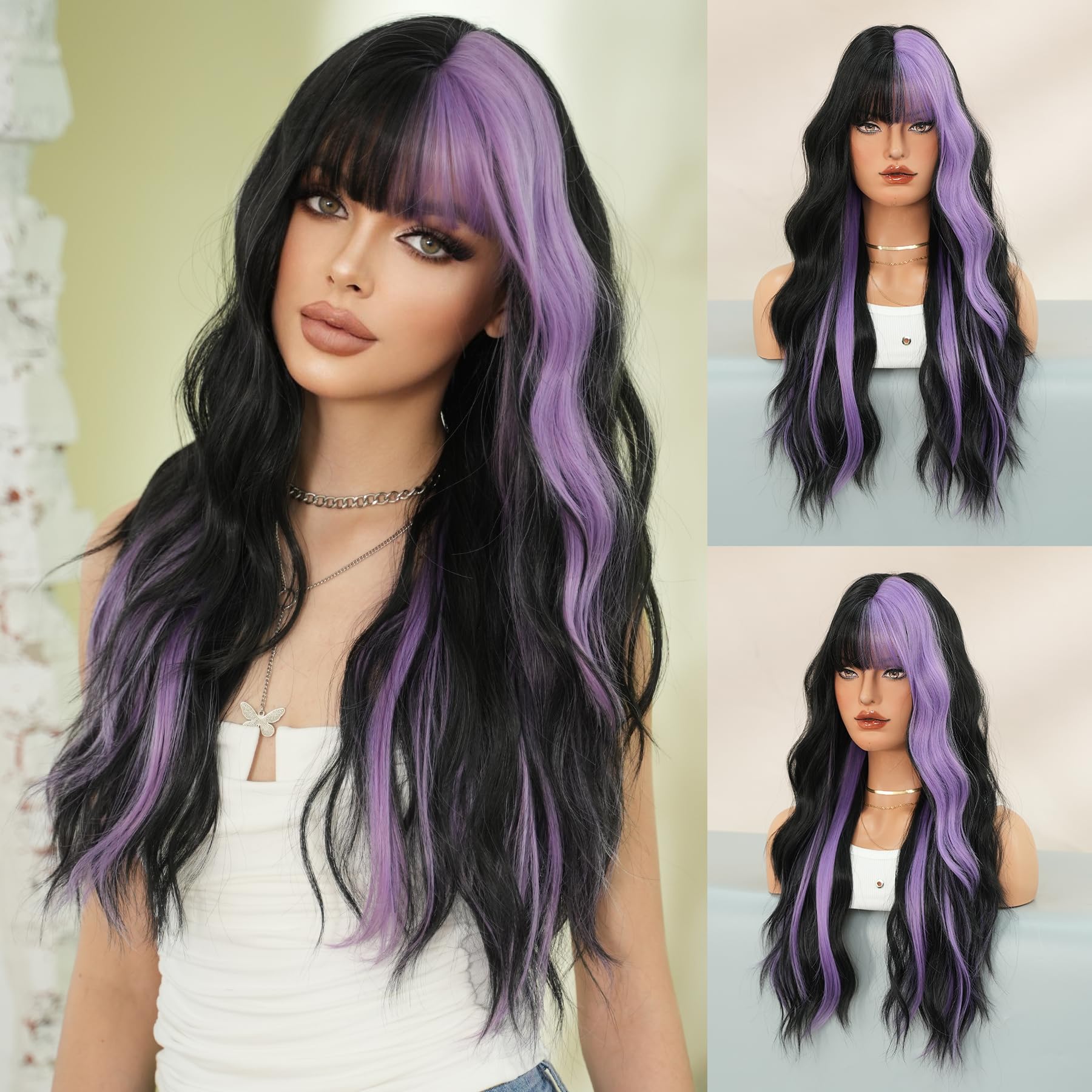 Amazon.com : 7JHH WIGS Long Wavy Purple Black Highlight Wig 27in ...
