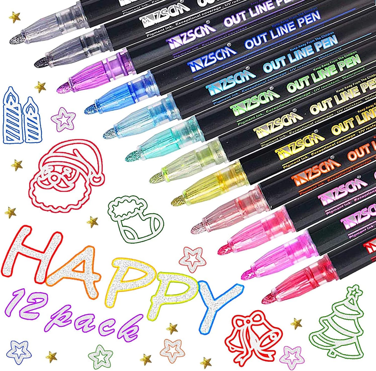 BESTDI Double Line Outline Pen, Self-Outline Metallic Markers, 12 ...
