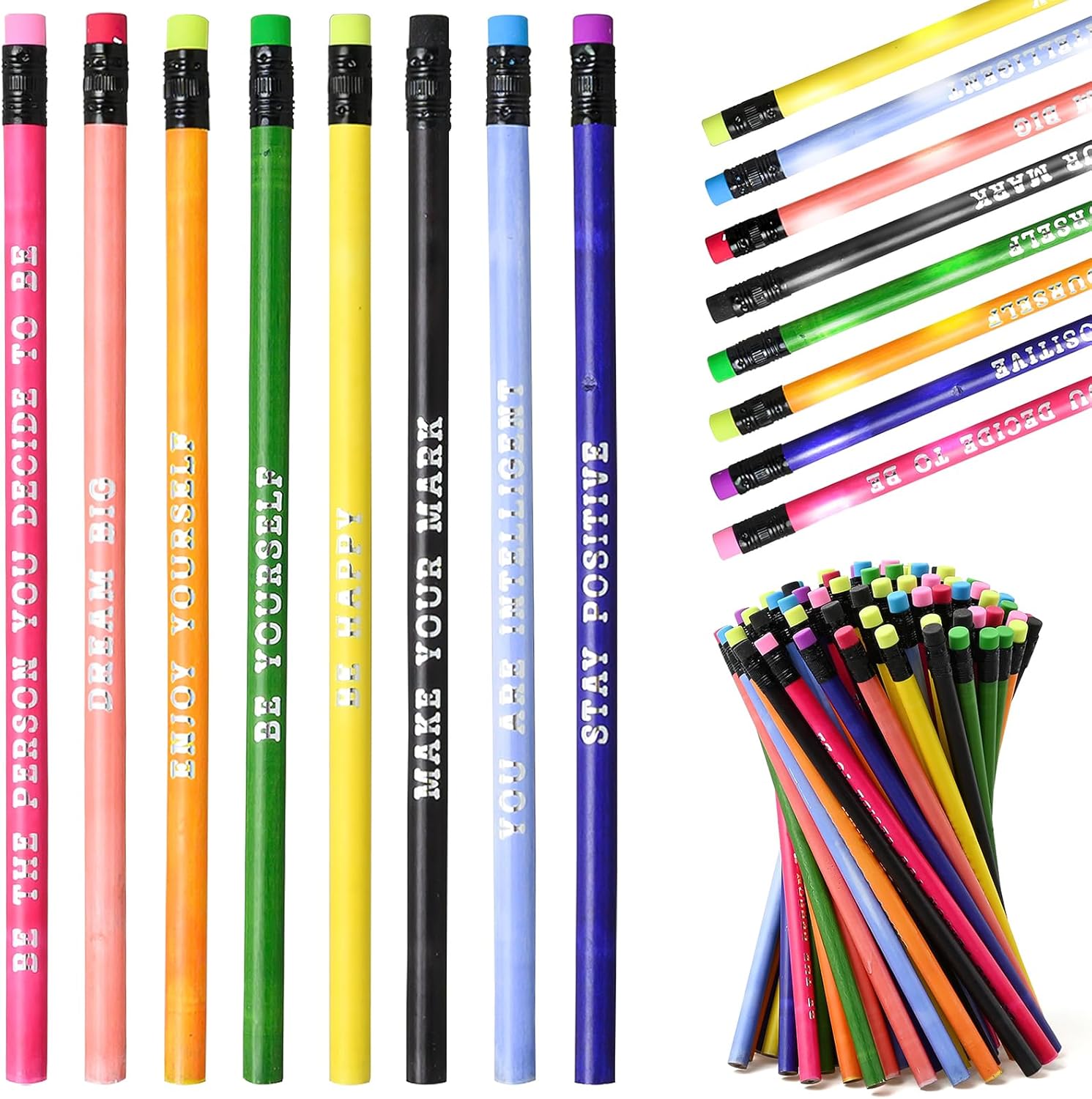 100 Pieces Inspirational Pencils with Eraser Personalized Color ...