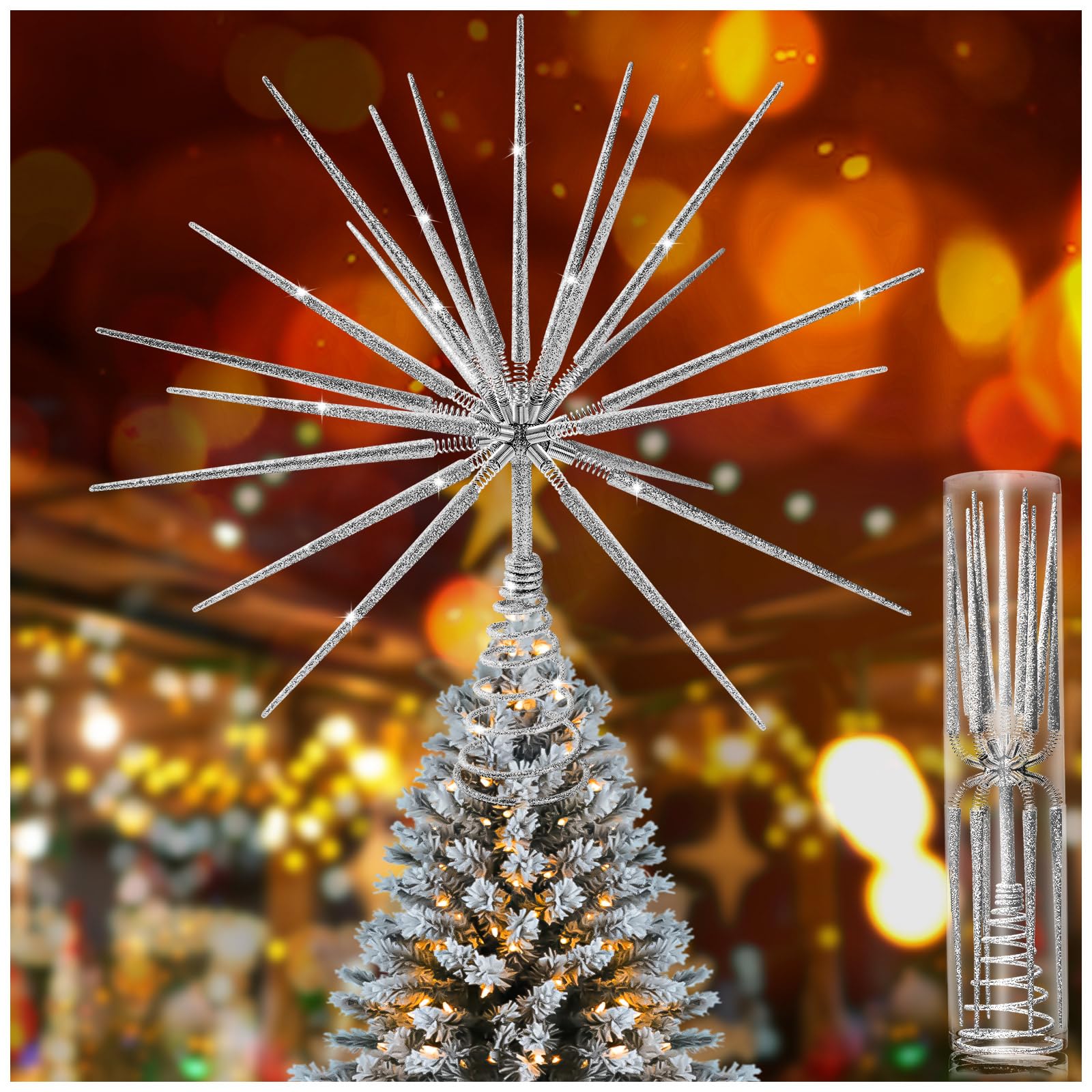 Amazon.com: Silver Christmas Tree Topper 13.7 Inch - Silver Starburst ...