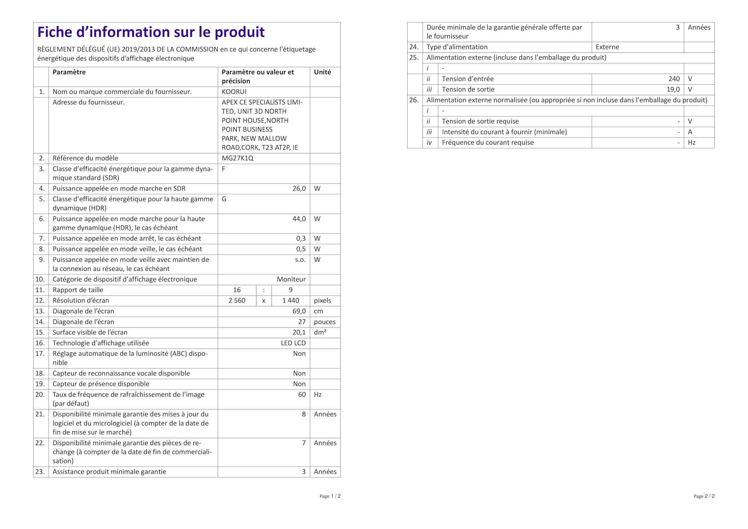 KOORUI Écrans PC Gamer 27", 240Hz, VA Mini LED, QHD Écran Gaming, 1ms ...