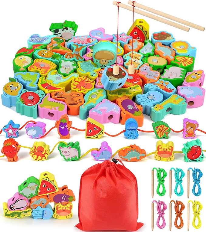 Ophy 48PCS Wooden Threading Toys | 2 in 1 Magnetic Fishing Montessori ...