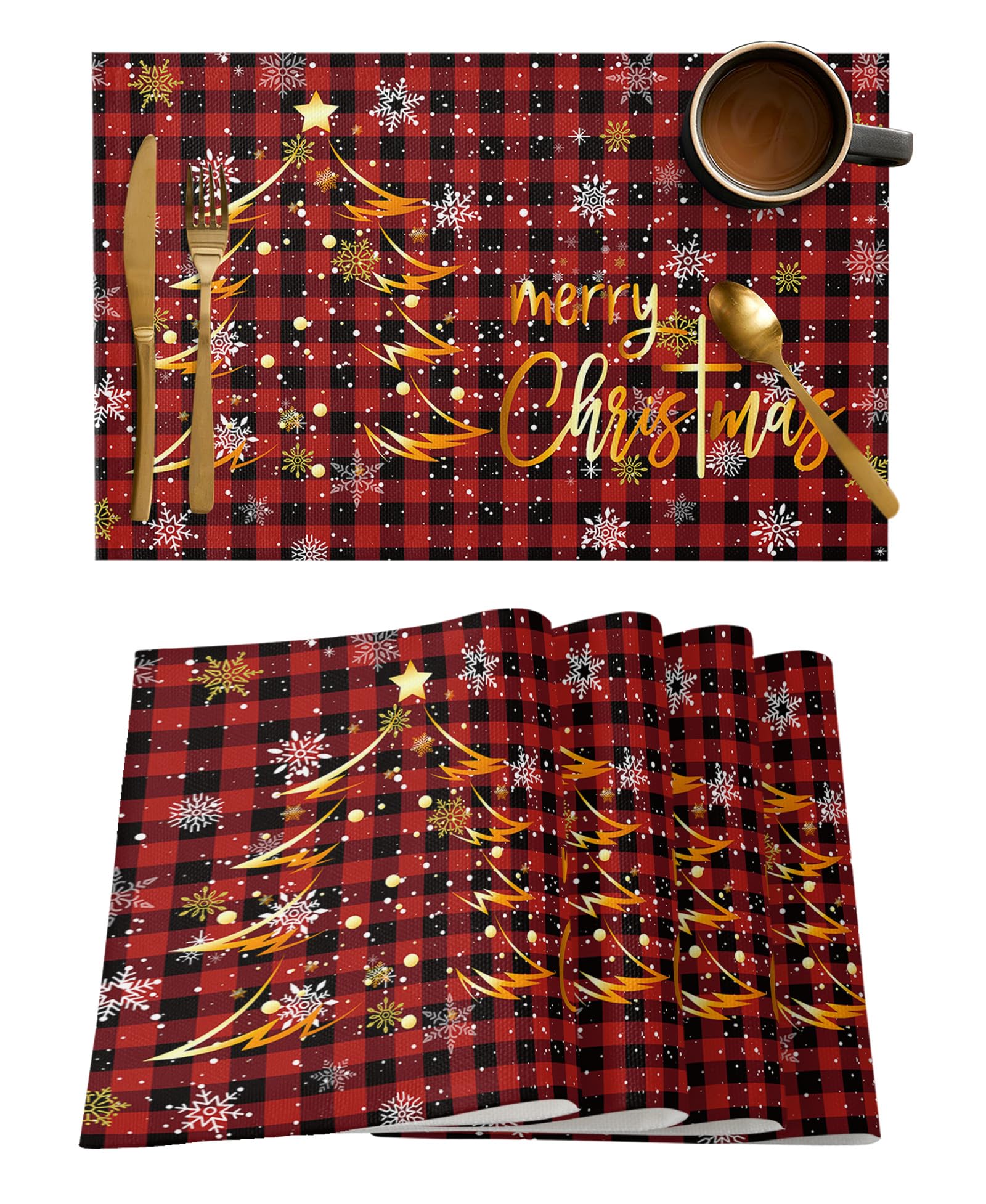 Amazon.com: Merry Christmas Placemats Set of 6, Gold Xmas Tree Heat ...
