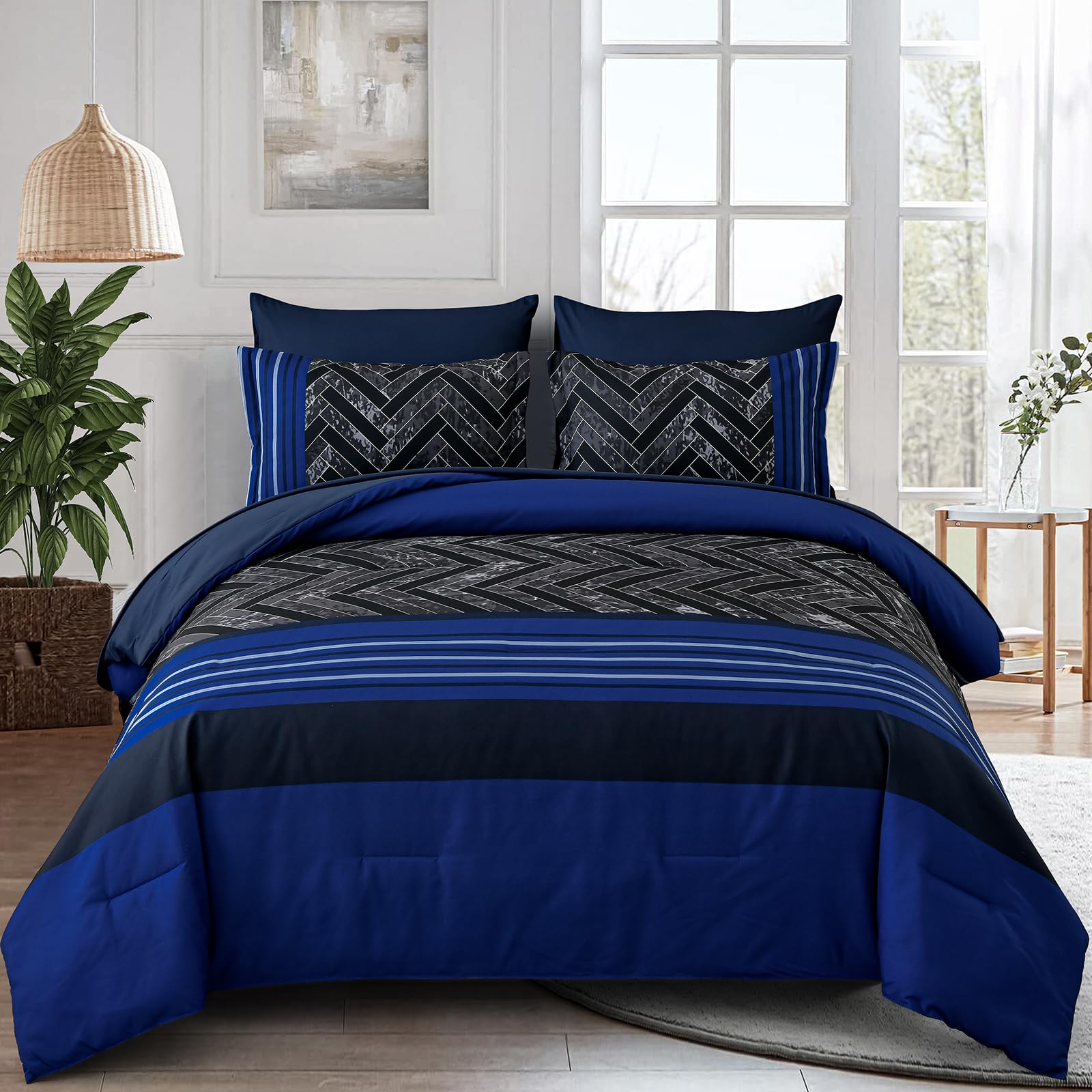 Amazon.com: Luxudecor Blue Comforter Set Queen Size, 7 Pieces Stripe ...