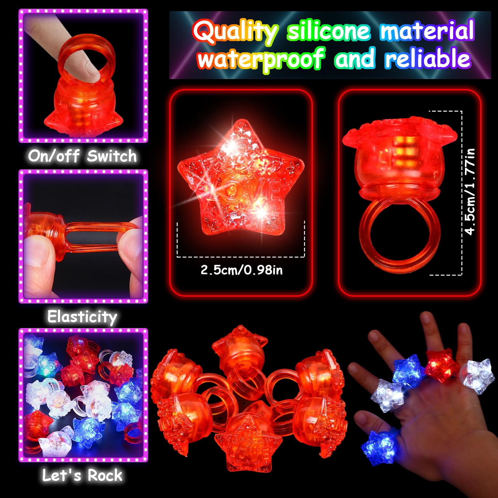 Snapklik.com : NUDALA 24 Pack Red Light Up Star Rings Glow In The Dark ...