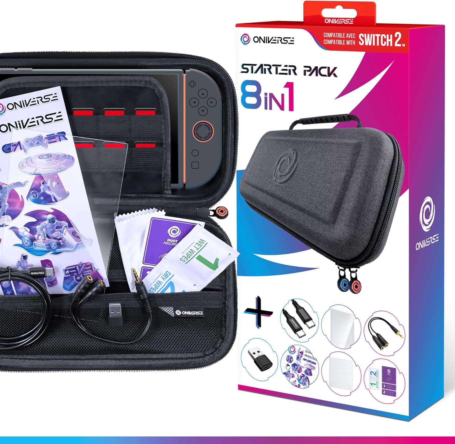 Oniverse Pochette Switch 2 Starter kit 8 en 1 - Housse de Transport, Protection Écran compatible ...
