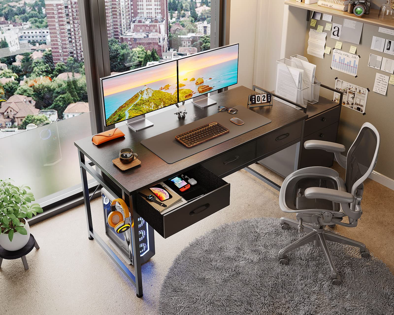 ODK 48 Inch Computer Desk with 3 Fabric Drawers, Home Office Desks with ...