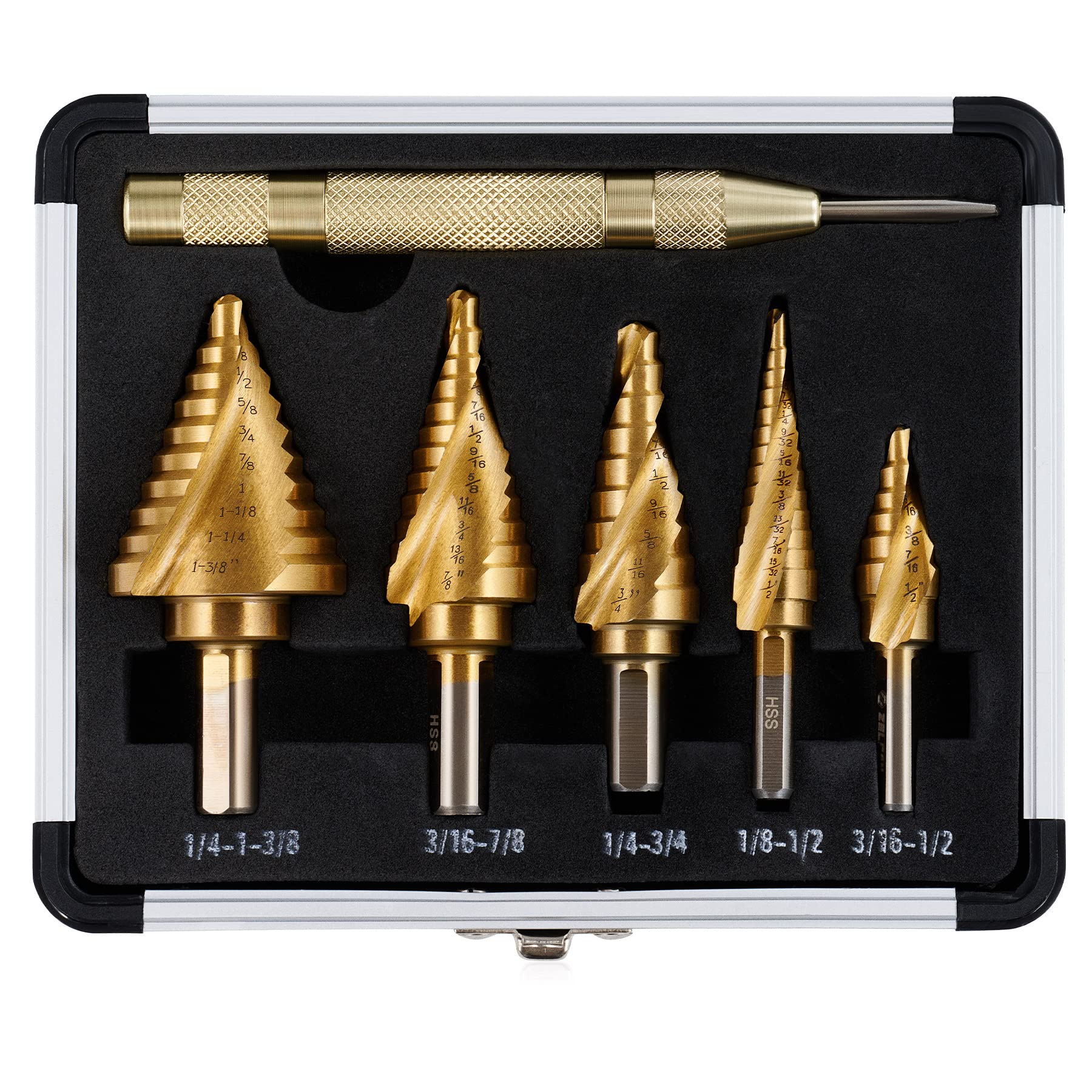 ZELCAN HSS 6PCS Titanium Spiral Grooved Step Drill Bit Set with ...